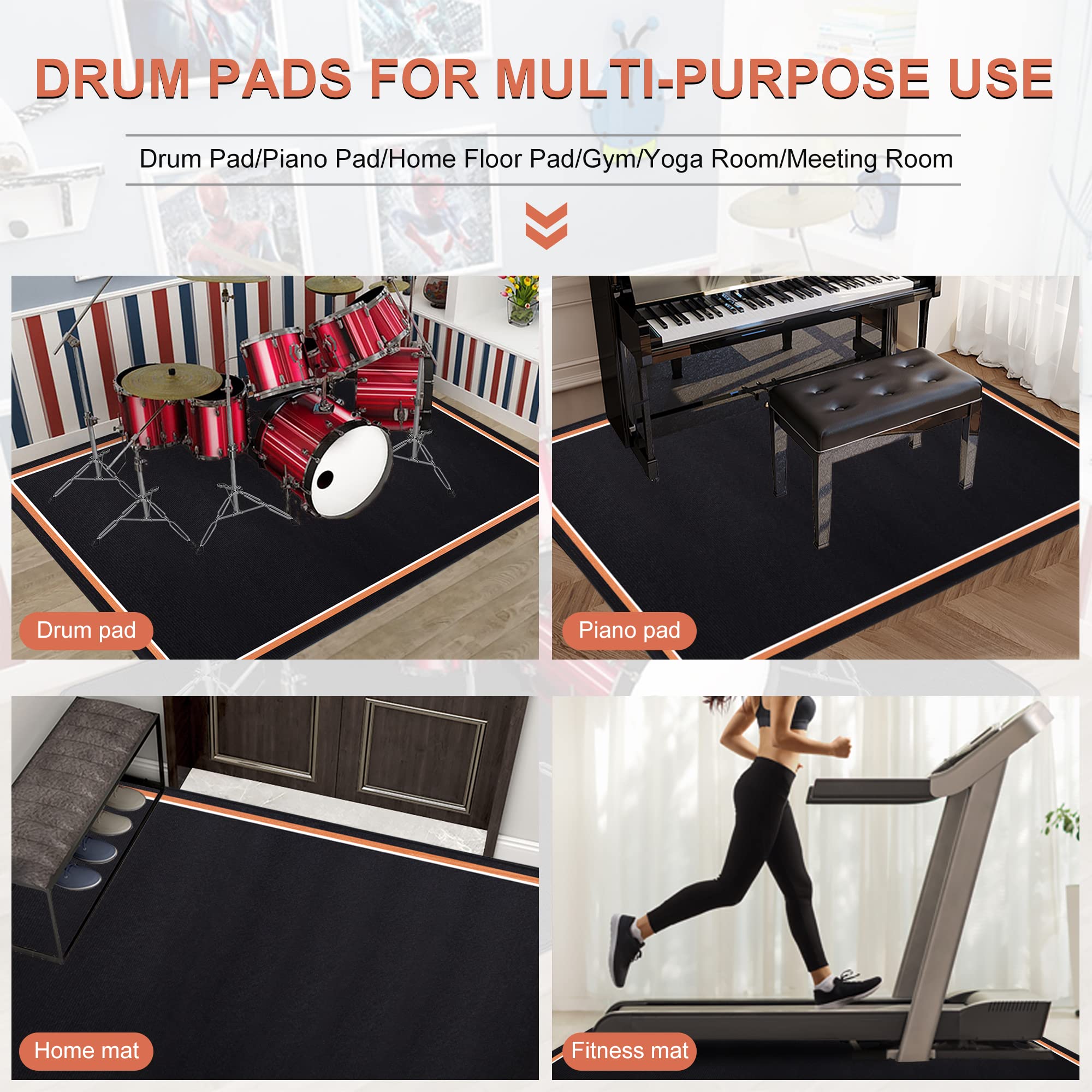 TORIBIO Drum Rug, 6 Ft x 5 Ft Drum Mat Drum Carpet Music Rug with Non-Slip Grip Bottom, Soundproof Rug Pads Electrical Drum Carpet Drum Accessories for Drummers