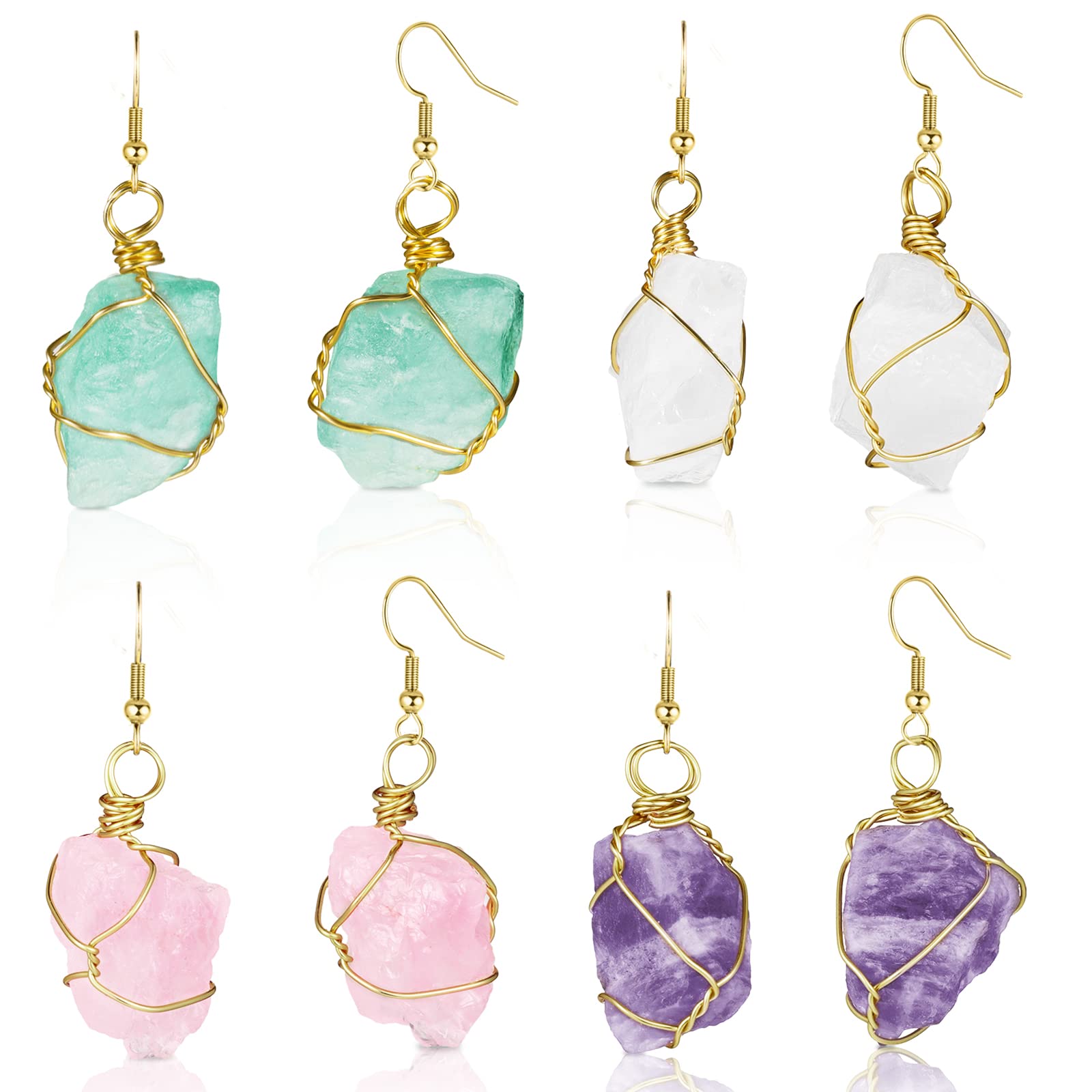 Raw Quartz Crystal Dangle Earring Raw Gemstone Drop Earrings Natural Handmade Wire Wrapped Healing Stone Eardrop Jewelry Irregular Amethyst Clear Crystal Fluorite Rose Quartz for Women (Green)