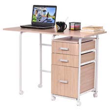Natural Foldable Computer PC Laptop Work Desk Wheeled Office Furniture with 3 Drawers Home Office Study Computer Work Table Desk(U.S. Stock)