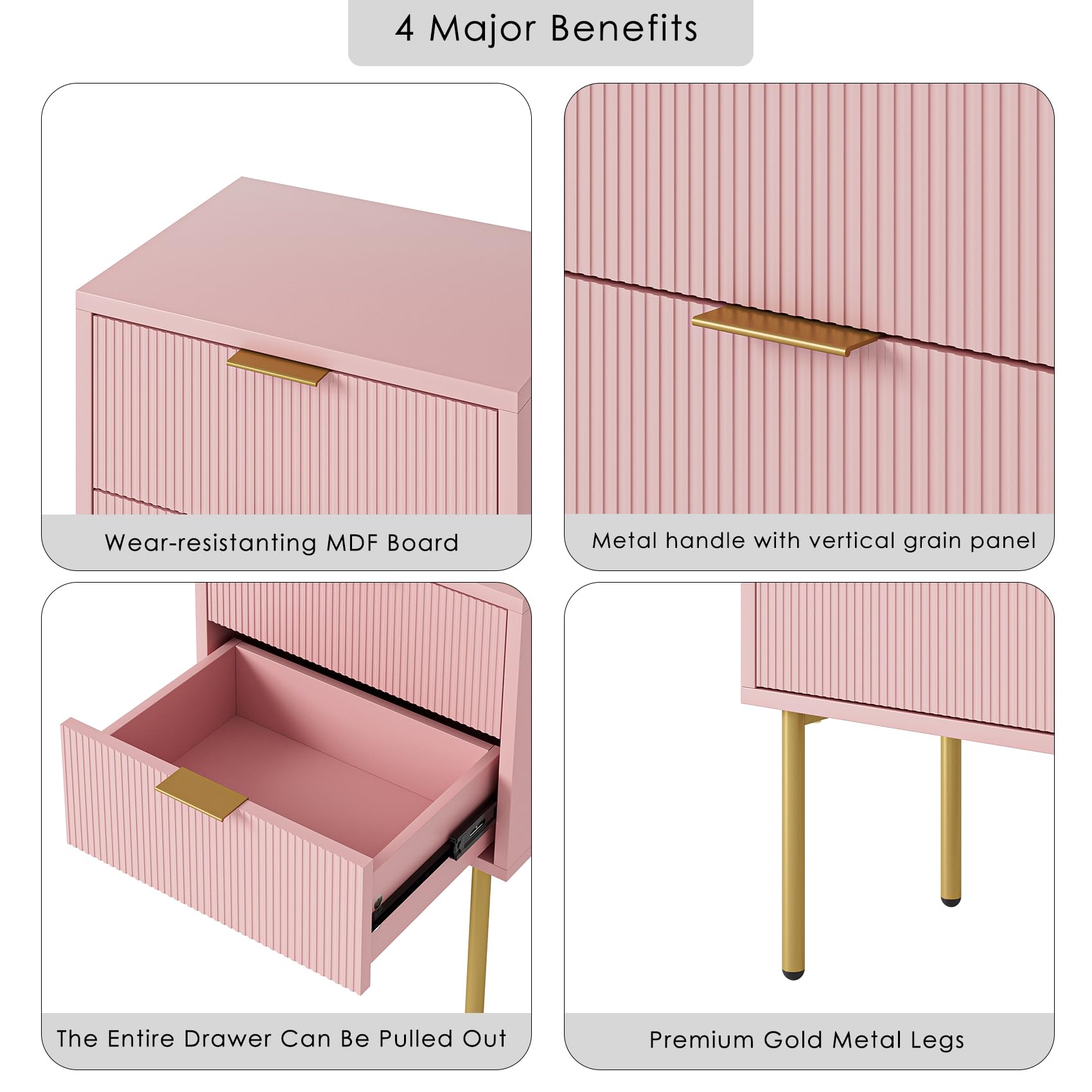 Masupu Night Stand,Mid-Century Modern Bedside Table with Storage Drawer and Open Wood Shelf,Small Gold Frame Side Table for Bedroom,Living Room, Pink