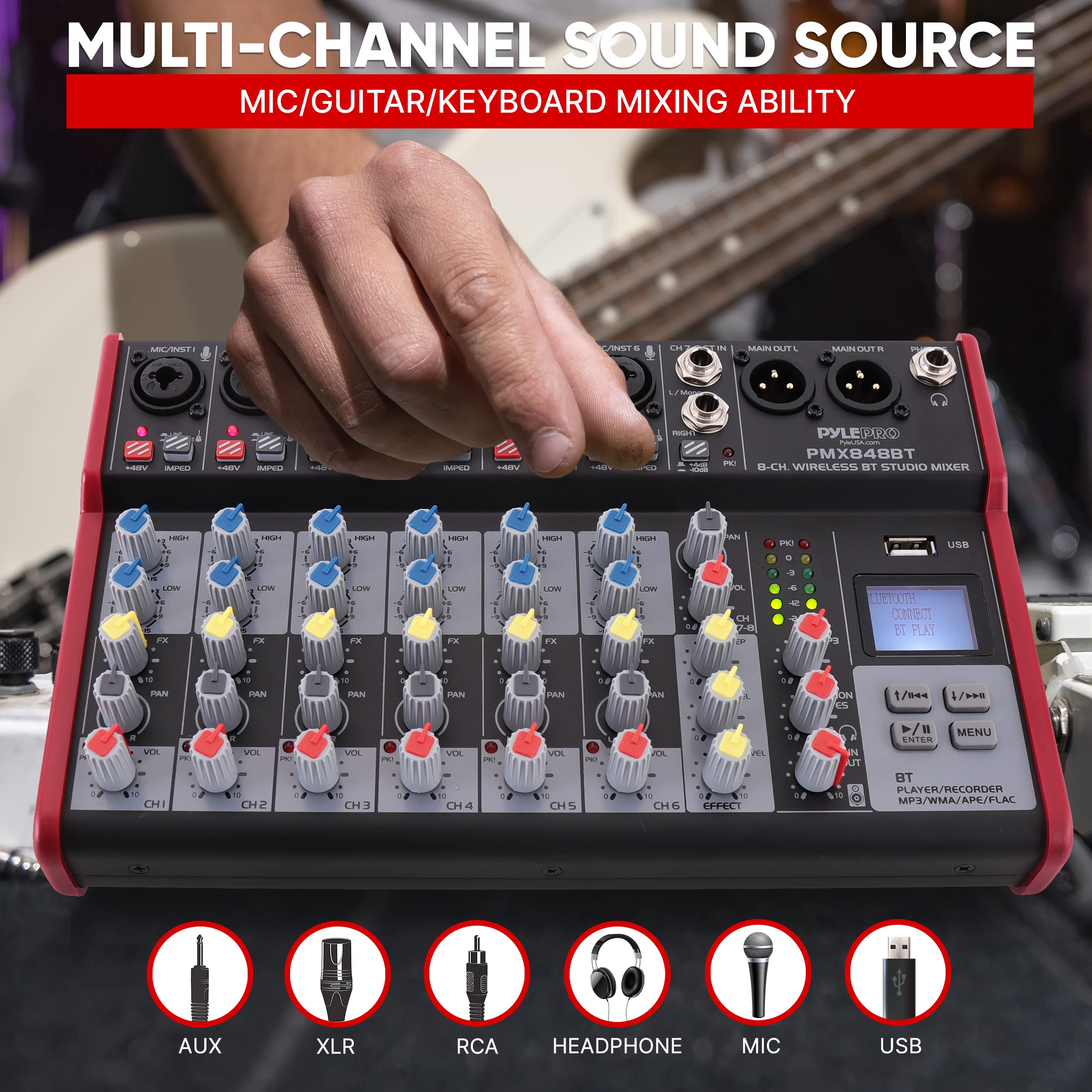 Pyle Professional Wireless DJ Audio Mixer - 8-Channel Bluetooth Compatible DJ Controller Sound Mixer w/USB Port, 6 Mic/Line Input, ¼” Mono/Stereo Input, Headphone Jack, 48V Phantom Power - PMX848BT