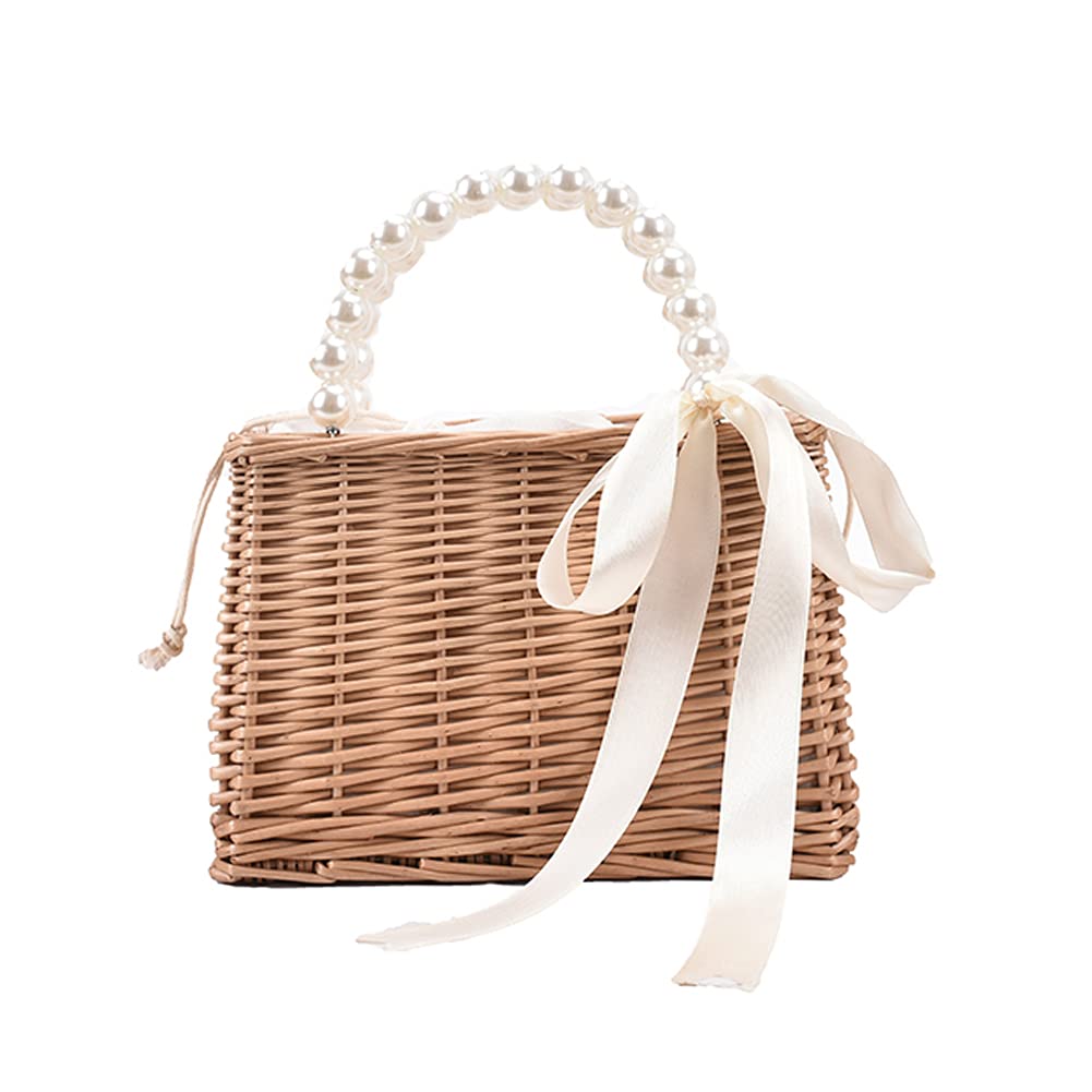 Pearl Handle Rattan Handbag, Straw Shoulder Bag Tote Bags, Mini Basket Handbag