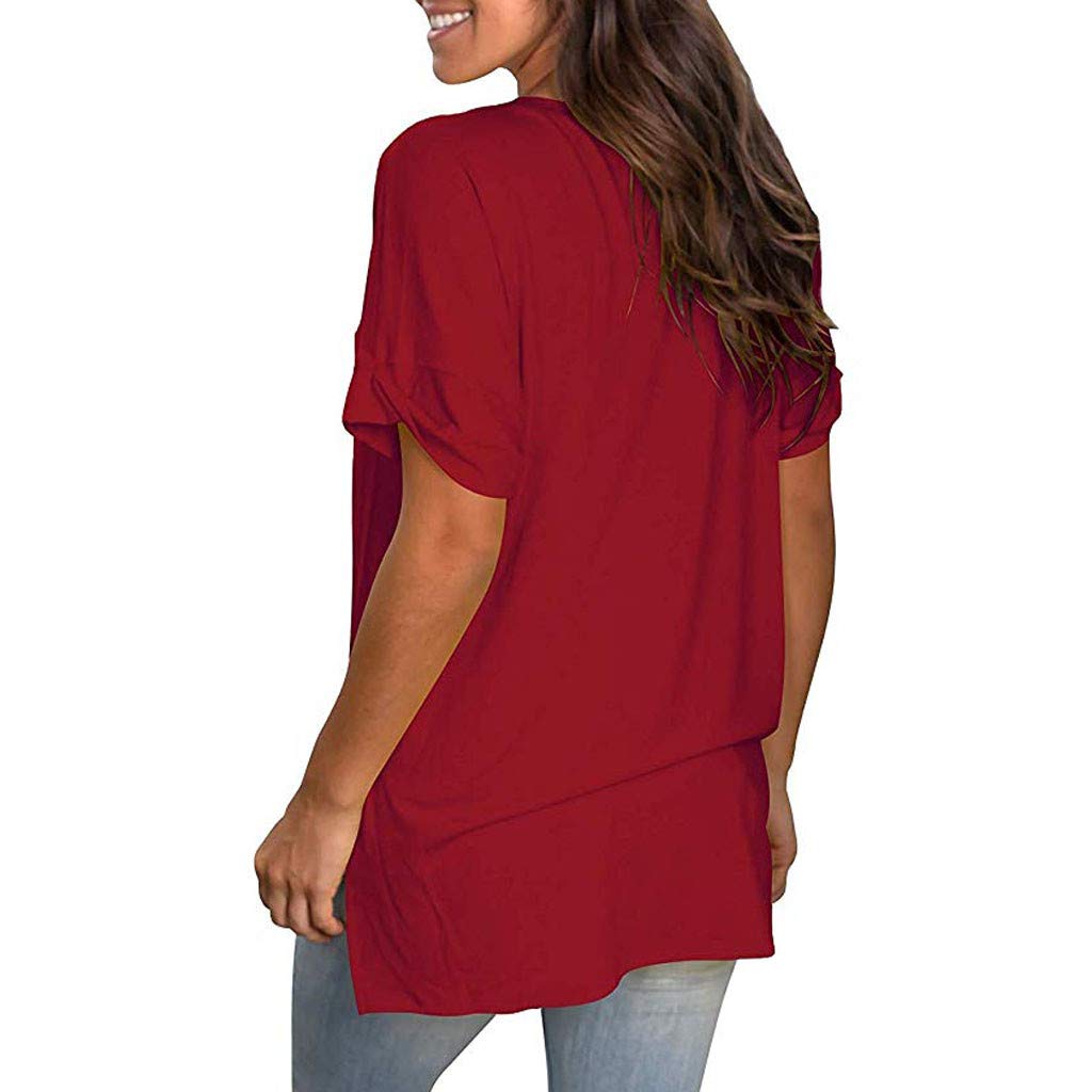 Muicook Women's V Neck T Shirt Rolled Sleeve Side Split Tunic Tops Summer Loose Casual Tops(Large,WineRed )