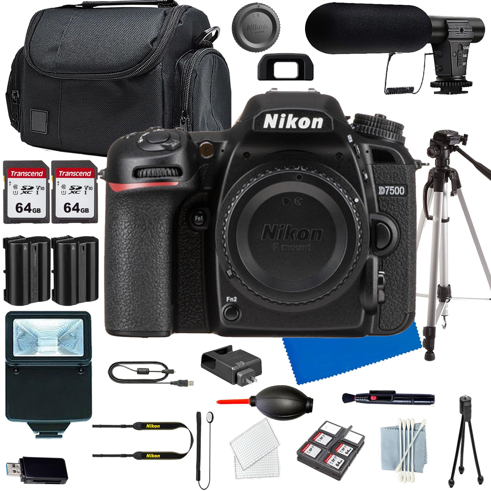 Nikon D7500 DSLR Camera Body+Shot-Gun Microphone+Photo Software Package+ Case+128 GIG Memory+Slave Flash+Tripod(13PC) Bundle