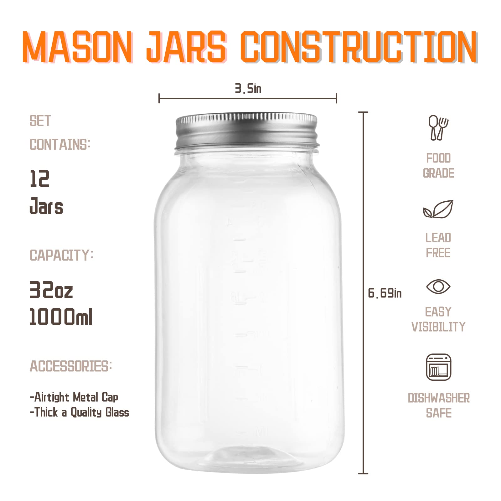 novelinks 32 OZ Clear Plastic Mason Jars with Lids - Dishwasher Safe Plastic Mason Jars 32 OZ Plastic Jars with Lids for Kitchen & Household Storage (12 Pack) (Silver)