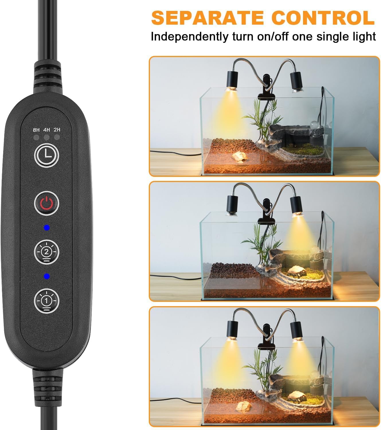NBIIUYIGE Reptile Heat Lamp, Dual-Head UVA UVB Reptile Light, Heating Lamp with Cycle Timer, Heat Lamp for Reptiles Bearded Dragon Turtle Crab Snake Lizard, Separate Control, 3 Basking Bulbs Light