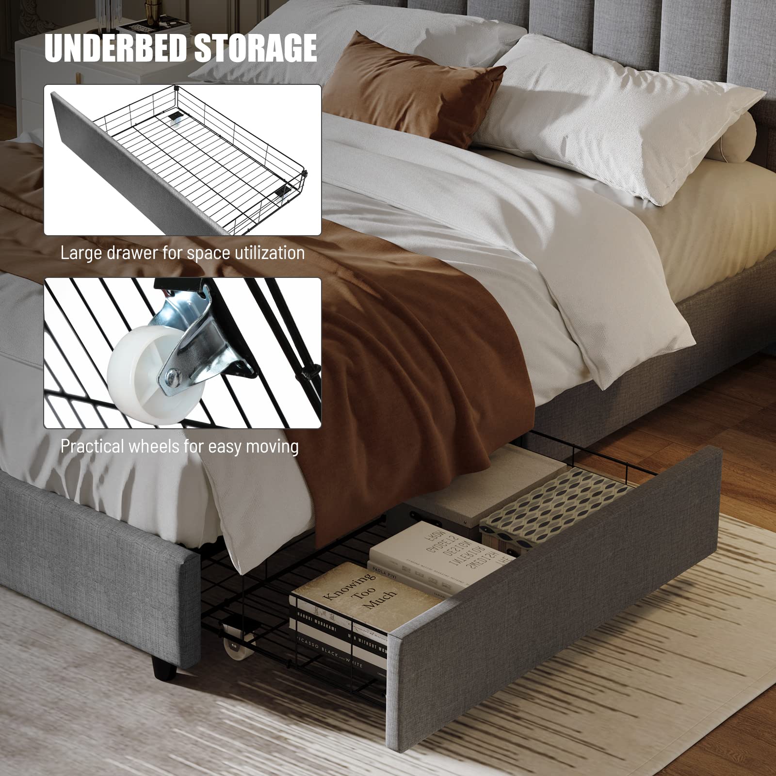 MegaChunk Queen Size Upholstered Linen Platform Bed Frame with 2 Under-Bed Drawers, Padded Headboard with Rivets Design, Strong Bed Slats System, No Box Spring Needed, Grey