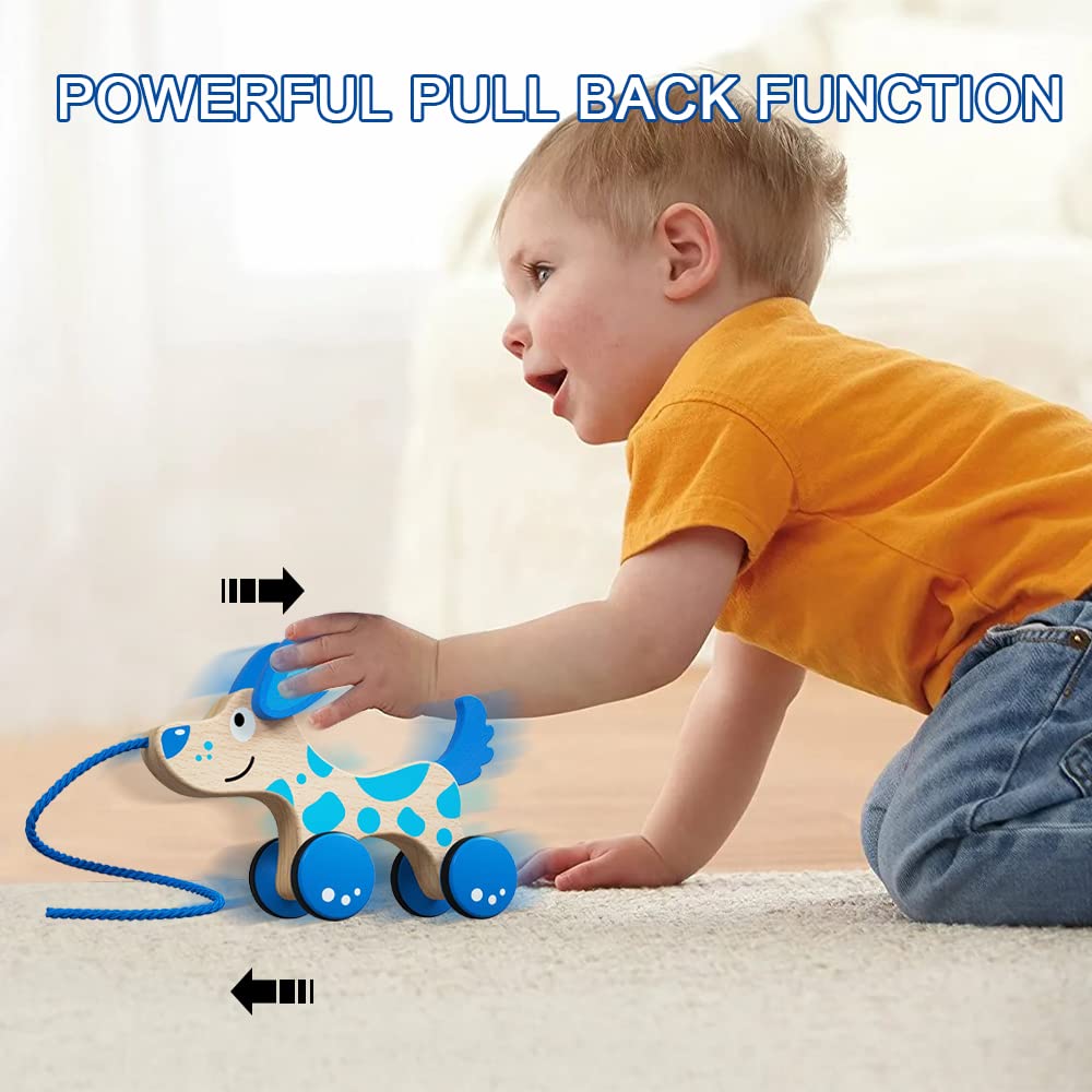 Wooden Push Pull Dog Toys Pull Toys for Toddlers 1-3 Baby Pull Toy Stand and Roll Toys Push Along String Dog Toys