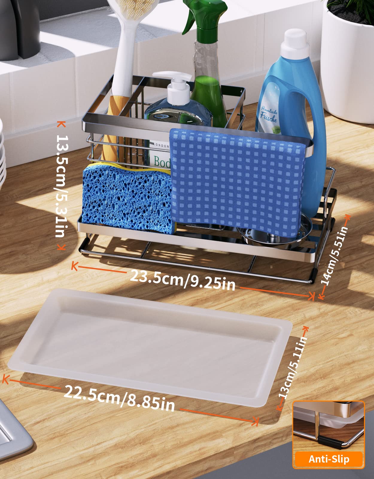 SWTYMIKI Kitchen Sink Caddy Organizer with Dishcloth Holder, Rustproof Stainless Steel Sponge Holder with Removable Drain Tray, Sink Rack Holds Sponge, Dishcloth and Brush in Silver