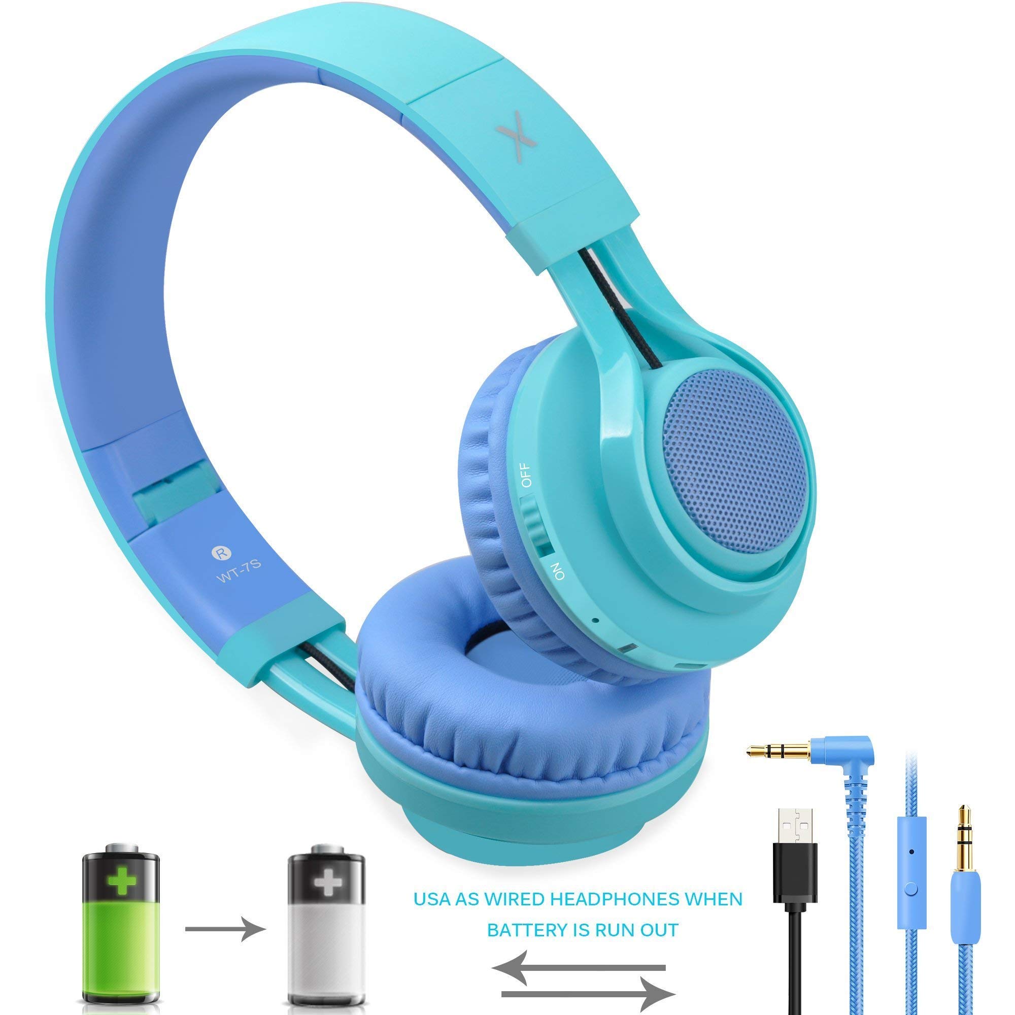 Riwbox WT-7S&RB-7S Kids Headphones Wireless, Bundle 2 Packs Foldable Stereo Bluetooth Headset with Mic and Volume Limited for PC/Laptop/Tablet/iPad (Blue&Purple)