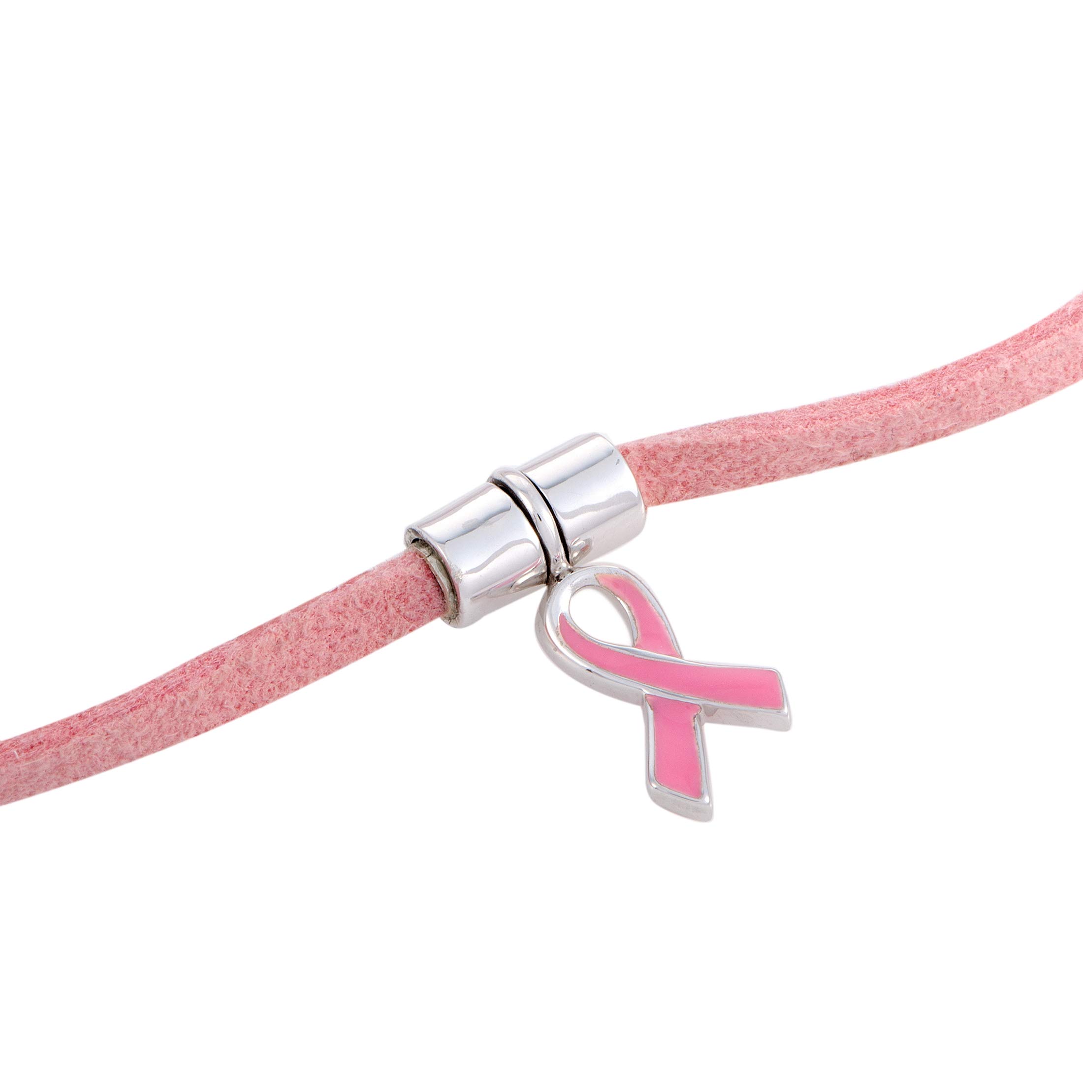 Movado Breast Cancer Awareness Sterling Silver and Enamel Circle Pink Leather Cord Necklace