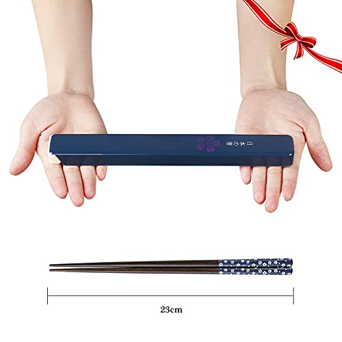Top Grade Japanese Natural Wood Chopsticks, 1 Pair with Case, Reusable Classic Style, Value Gift Set(Blue)