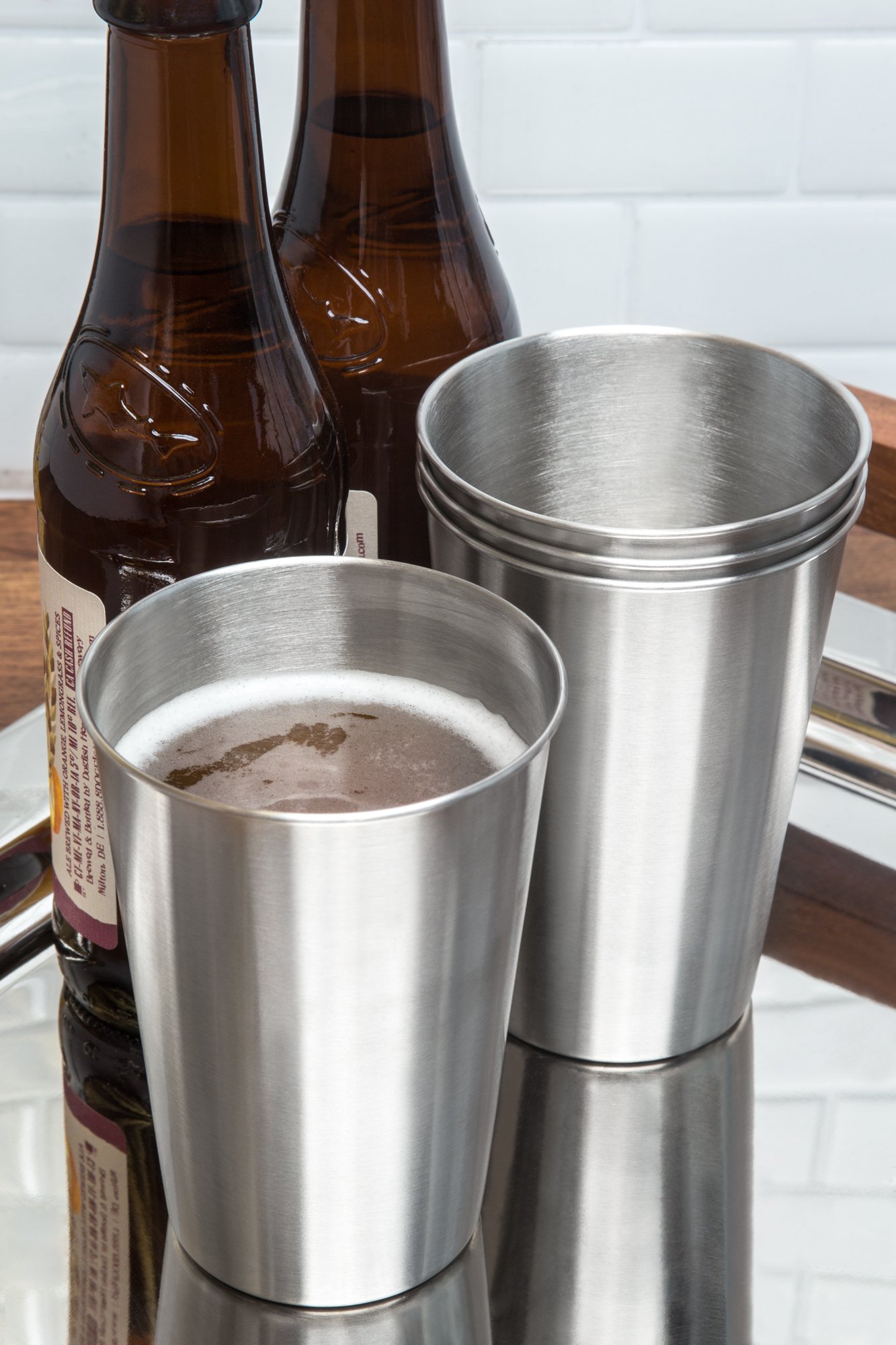 Outset Chillware Stainless Steel Beer Glasses, Set of 4, 16 Oz Drinking Cups