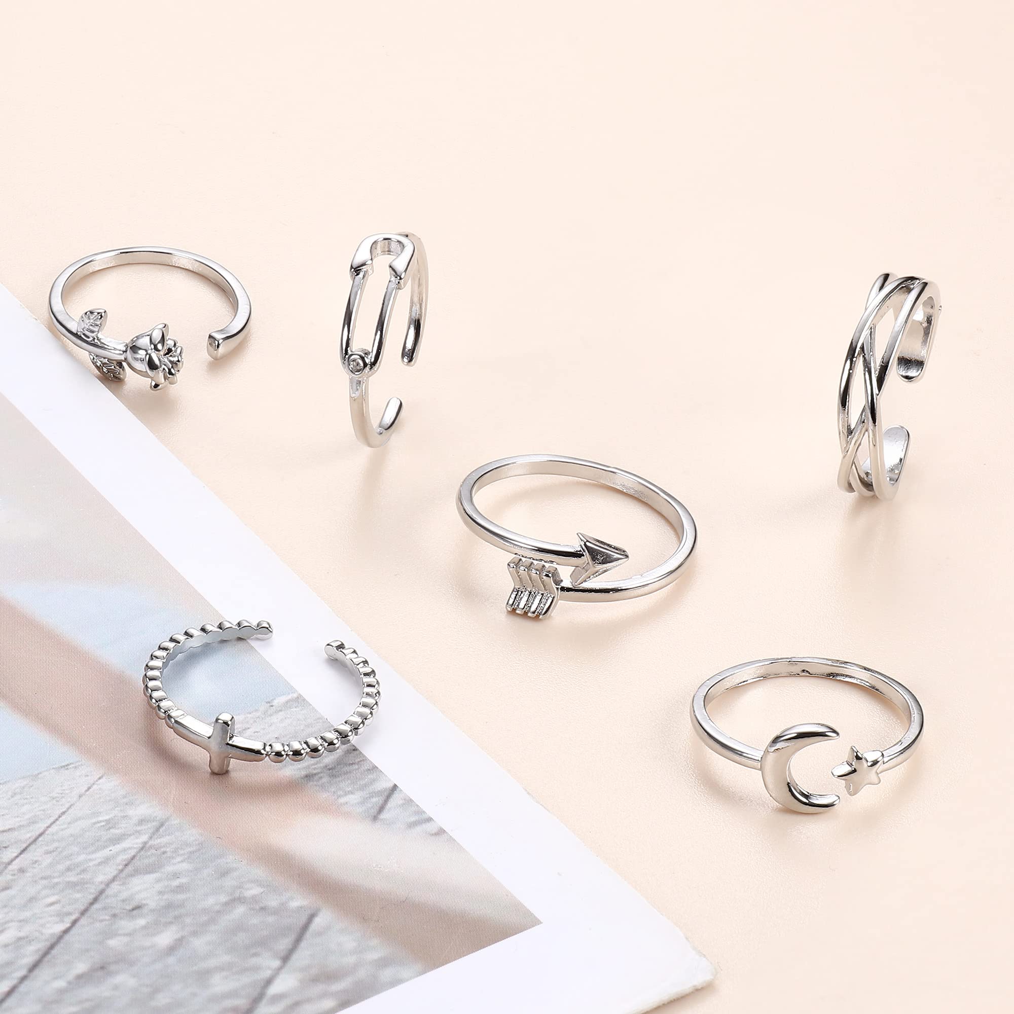 SAILIMUE 12 Pcs Knuckle Rings Toe Ring for Women Arrow Knot Feather Hug Stackable Open Rings Set Thumb Adjustable Rings for Teen
