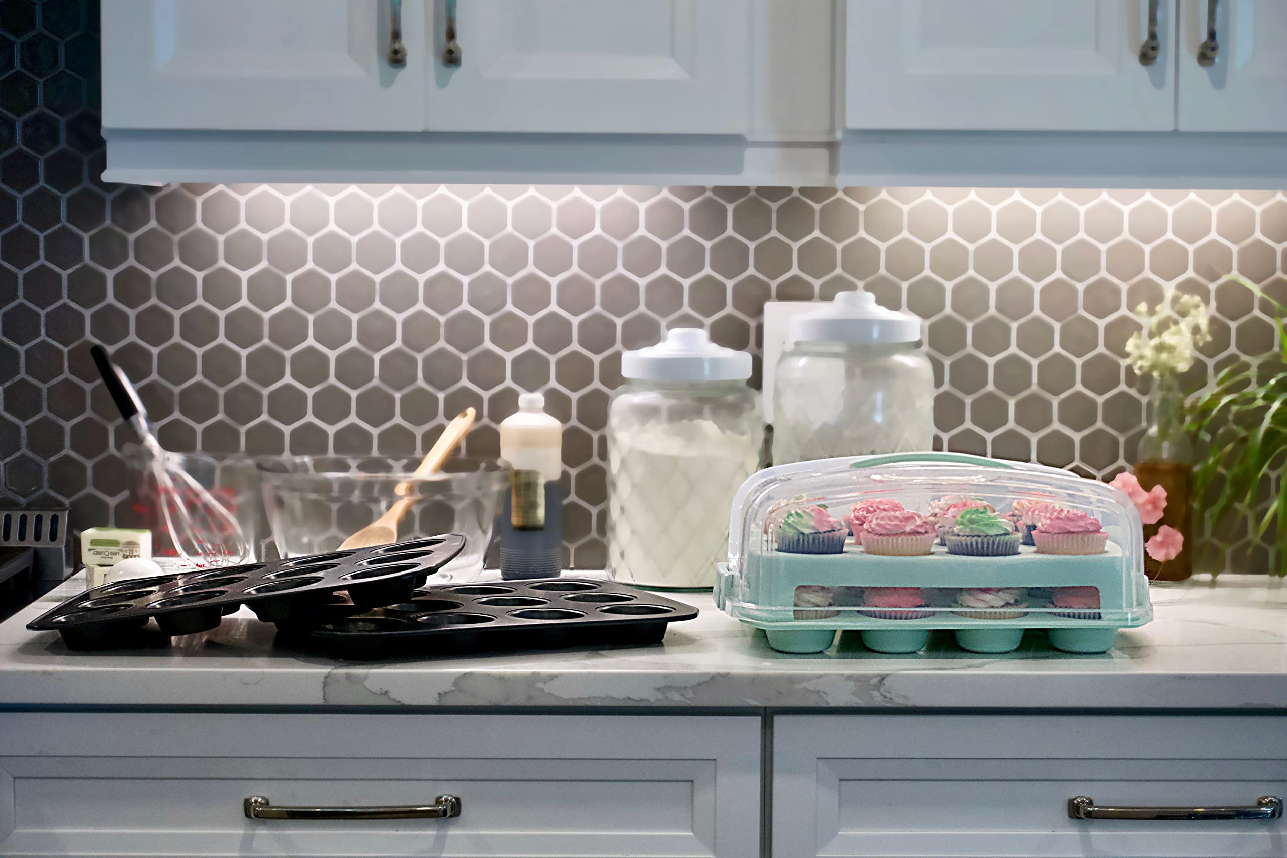 Top Shelf Elements Cupcake Carrier With Two Muffin Pan/Cupcake Pan Stylish Cupcake Carrier With Handle Carrier Holds 24 Cupcakes Muffin Tin Holds 12 Cupcakes Non Stick Cupcake Tray For Baking (Green)