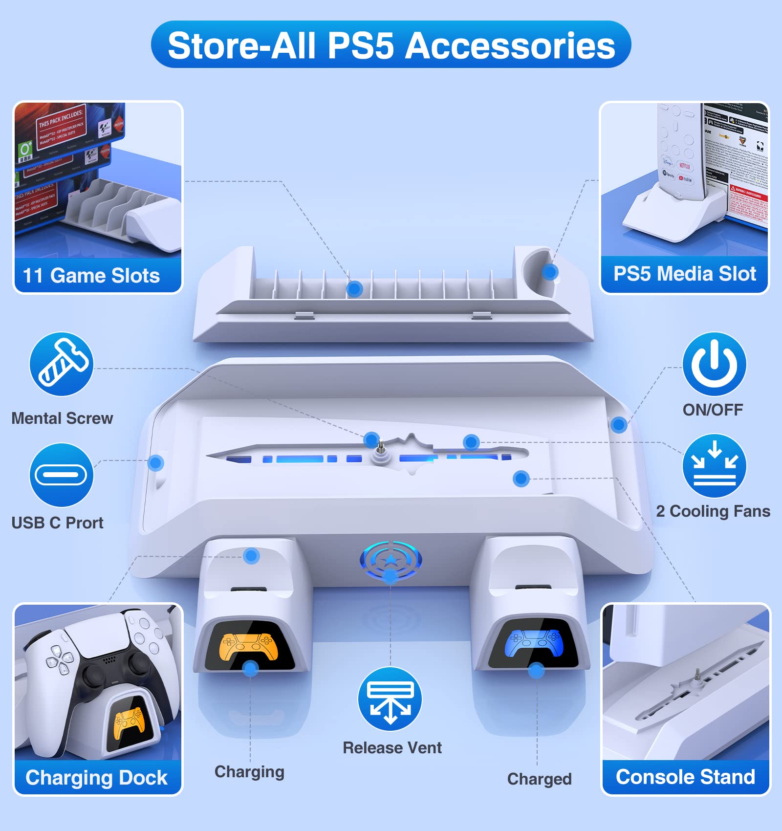 PS5 Stand with Cooling Station&Dual Controller Charger for Playstation 5 PS5 Console, CYKOARMOR PS5 Accessories with 5V/3A Adapter, PS5 Base with Cooler Fan, Charging Dock and Game Holder White