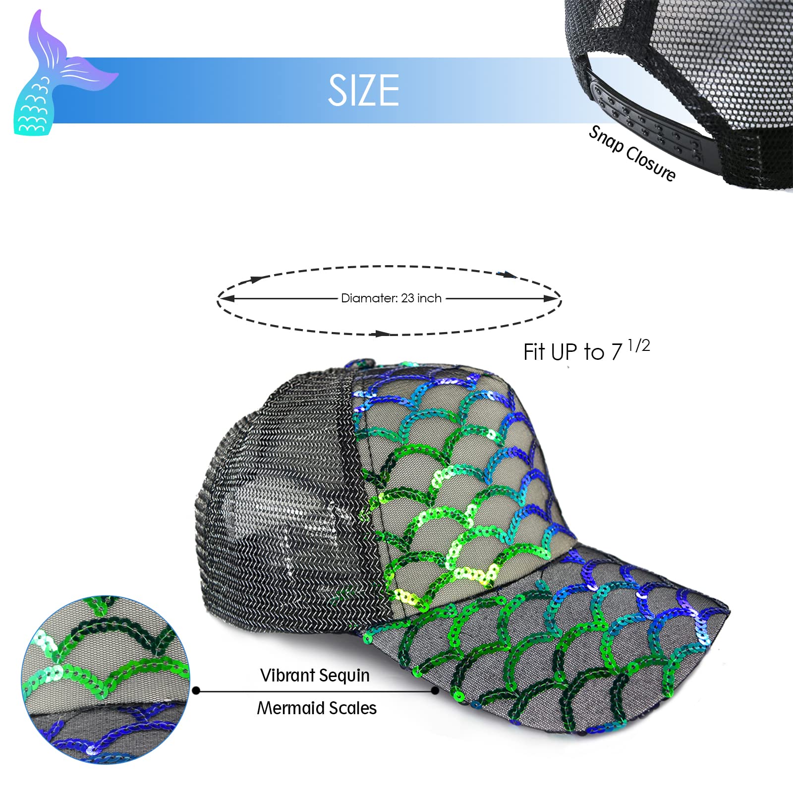 Maticr Unisex Bling Mermaid Scales Sequin Trucker Hats Adjustable Mesh Caps Baseball Party Hat (Black)