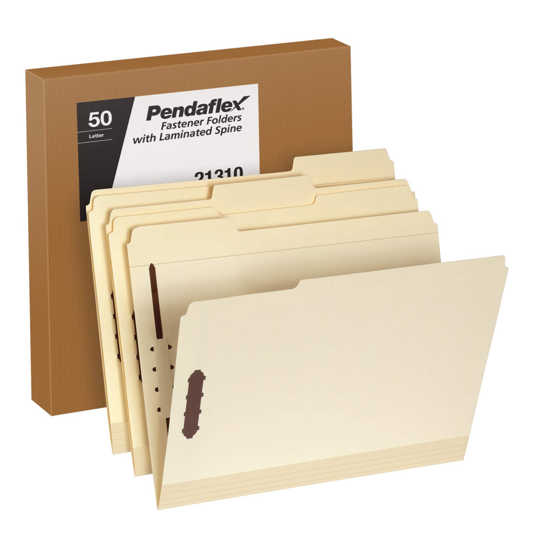 Pendalfex Fastener Folders, Poly Reinforced Spine, Reinforced Tabs, Letter Size, 8-1/2" x 11", 2 Embedded Fasteners, 1/3-Cut, Manila, 50/Box (21310)