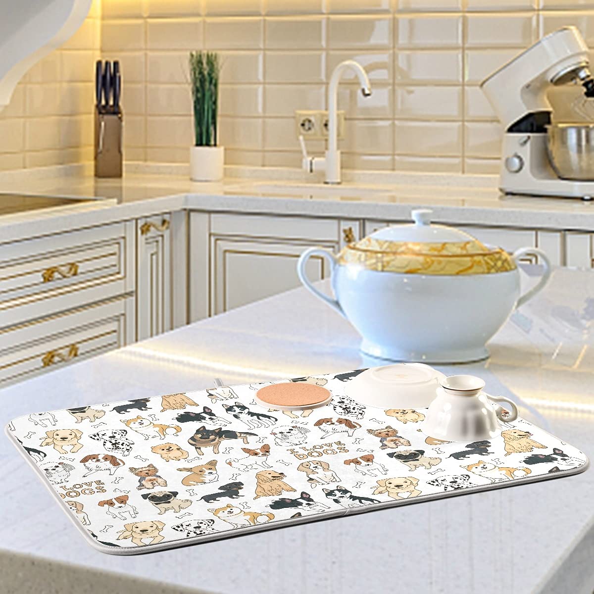 xigua Dog Dish Drying Mat for Kitchen Counter,Texture Ultra Absorbent Reversible Microfiber Dishes Drying Rack Pad Heat-resistant Mats 16x18in
