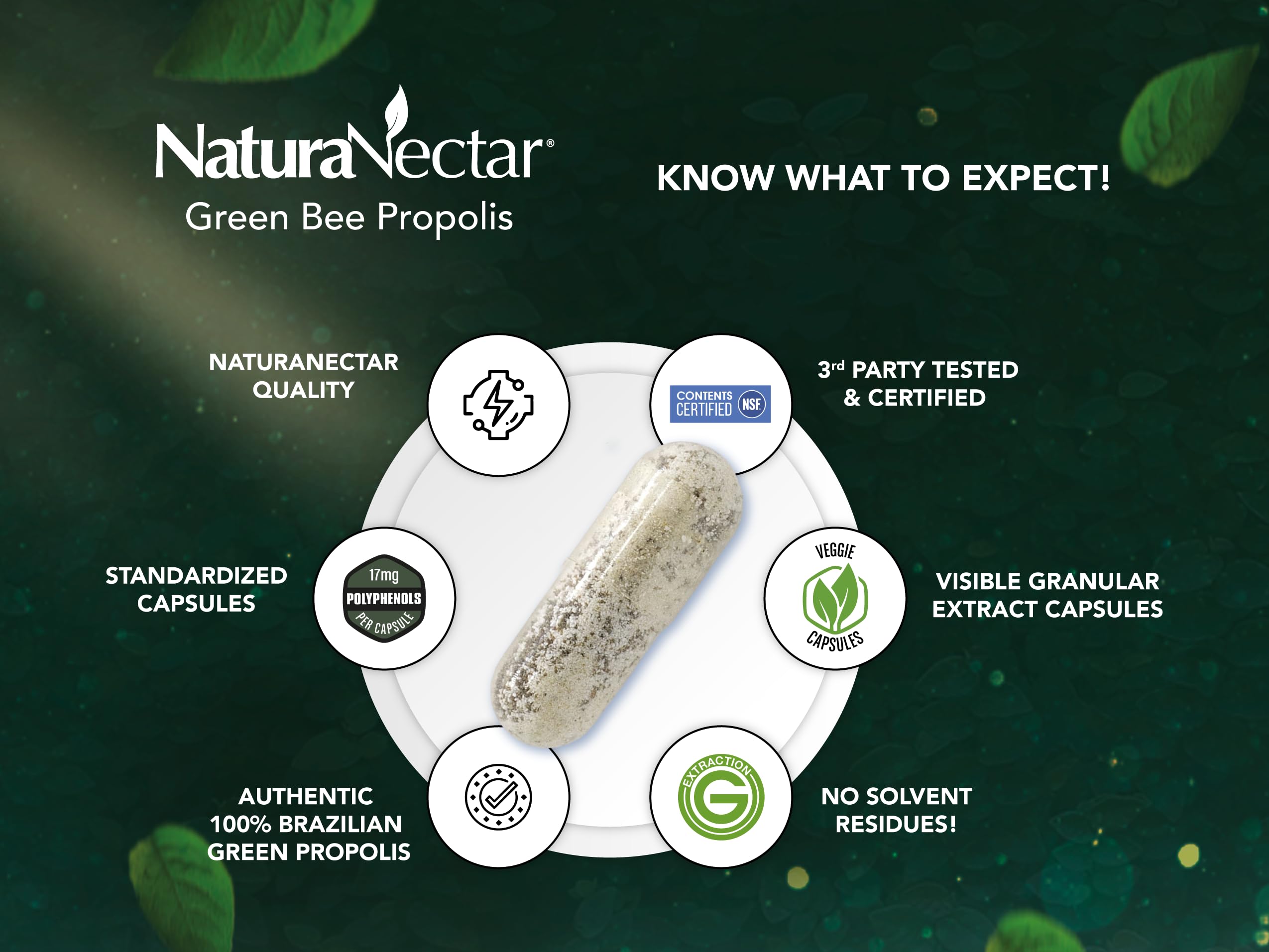 NaturaNectar Green Bee Propolis | NSF Contents Certified | Premium Brazilian Propolis | Care Relief | Ethical Beekeeping & Naturally Sourced | 60 capsules