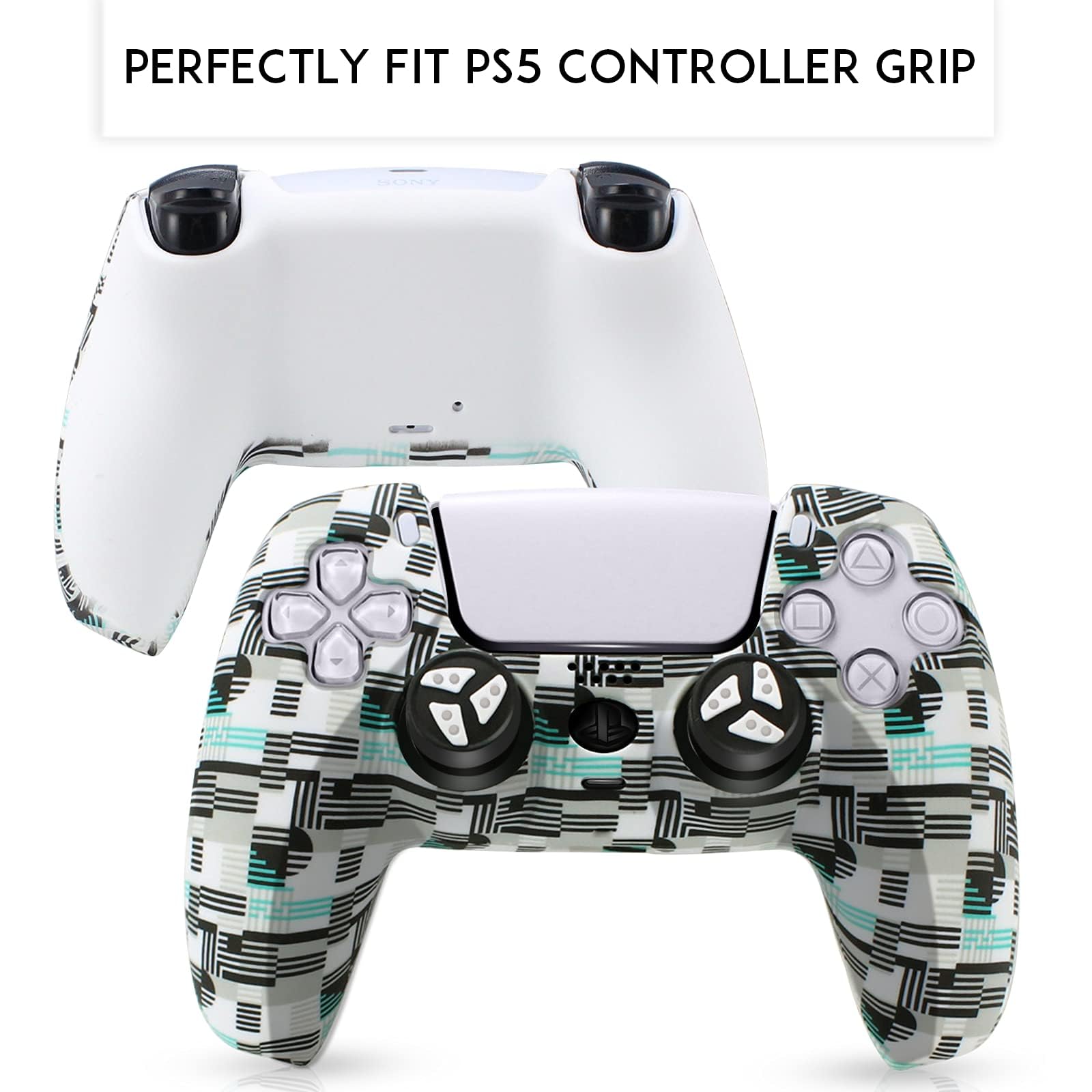 SIKEMAY PS5 Controller Cover Skin Case, Anti-Slip Thicken Silicone Protective, Perfectly Compatible with Playstation 5 Controller Grip with 10 x Thumb Grip Caps (Gray-Blue Plaid)