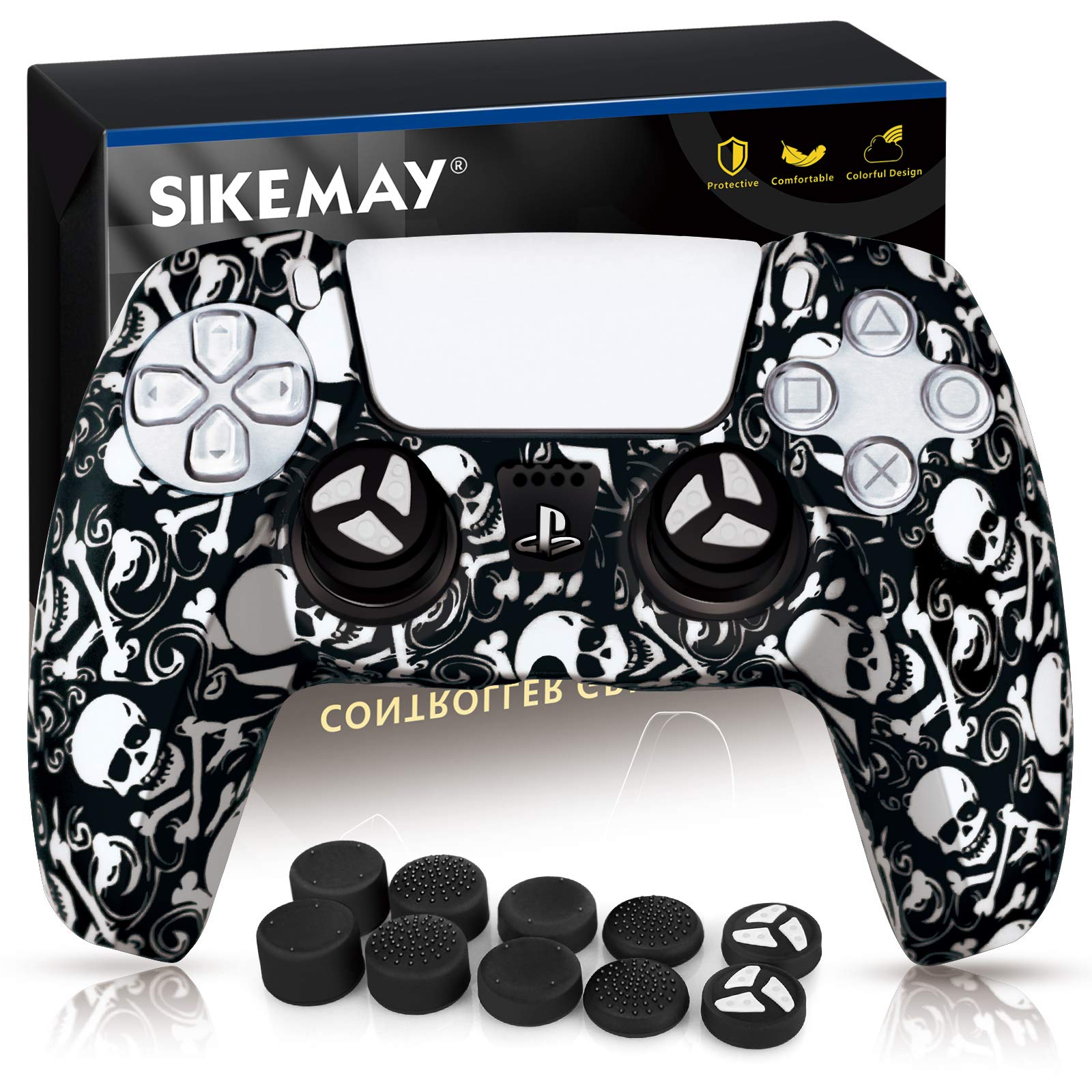 SIKEMAY Silicone Printing Cover Skin for PS5 Controller Grip, Protective Case for Playstation 5 Accessories with 10 Thumb Grip Caps(Dark Skull)