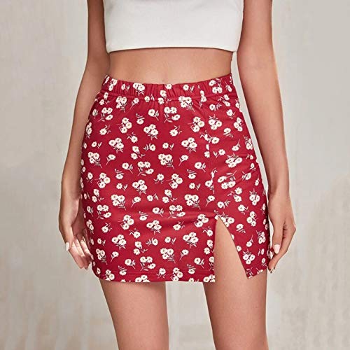 Womens Midi Skirt Flared Stretch Red Nightclub Short Side Print Hem Open Mini Sexy Women's Elastic Waist Dressy