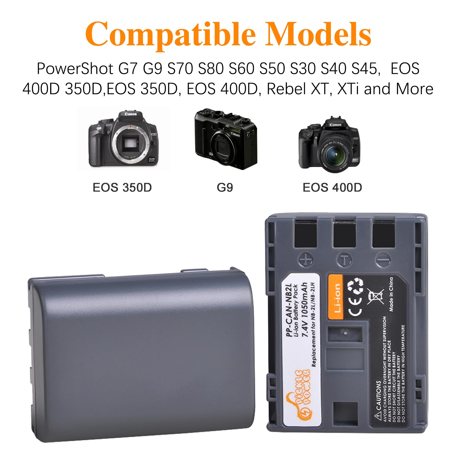 Pickle Power 2Pcs NB-2L NB-2LH Battery and LED Dua Charger for Digital Rebel XT XTi PowerShot G7 G9 S70 S80 S60 S50 S30 S40 S45 DC420 DC410 EOS 400D 350D VIXIA HF R10 Elura 40 50 60