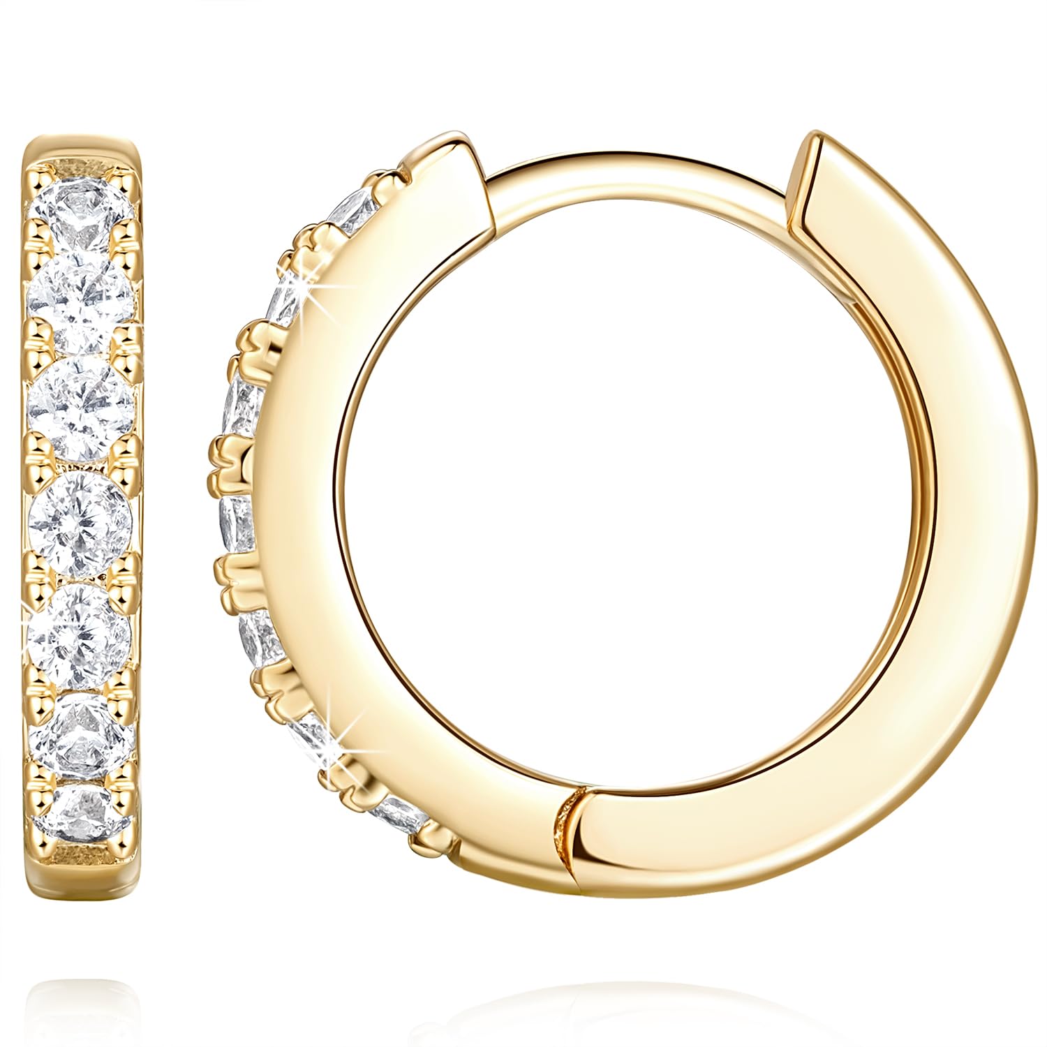 NEARLAND 14K Gold Huggie Hoop Earrings for Women 14K Gold Earrings Small Gold Hoop Earrings Gold Diamond Hoop Earrings for Women with Round Cubic Zirconia,12mm 14mm 16mm (14mm)