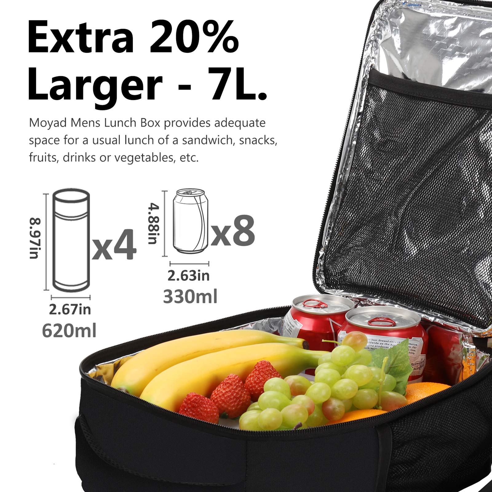 Moyad Small Lunch Box for Men Adults, Reusable & Insulated Lunch Bag with Shoulder Strap Male Business Lunchbox Slim Lunch Boxes Bags, Black