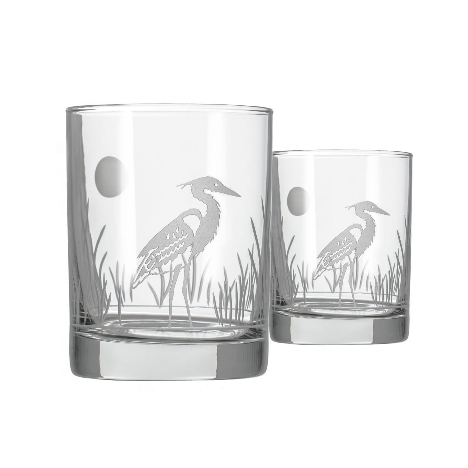 Rolf Glass Heron Double Old Fashioned Glass 13 ounce – Whiskey Glass – Lead-Free Glass Tumbler - Etched Whiskey Tumbler Glasses – Proudly Made in the USA (Set of 2)