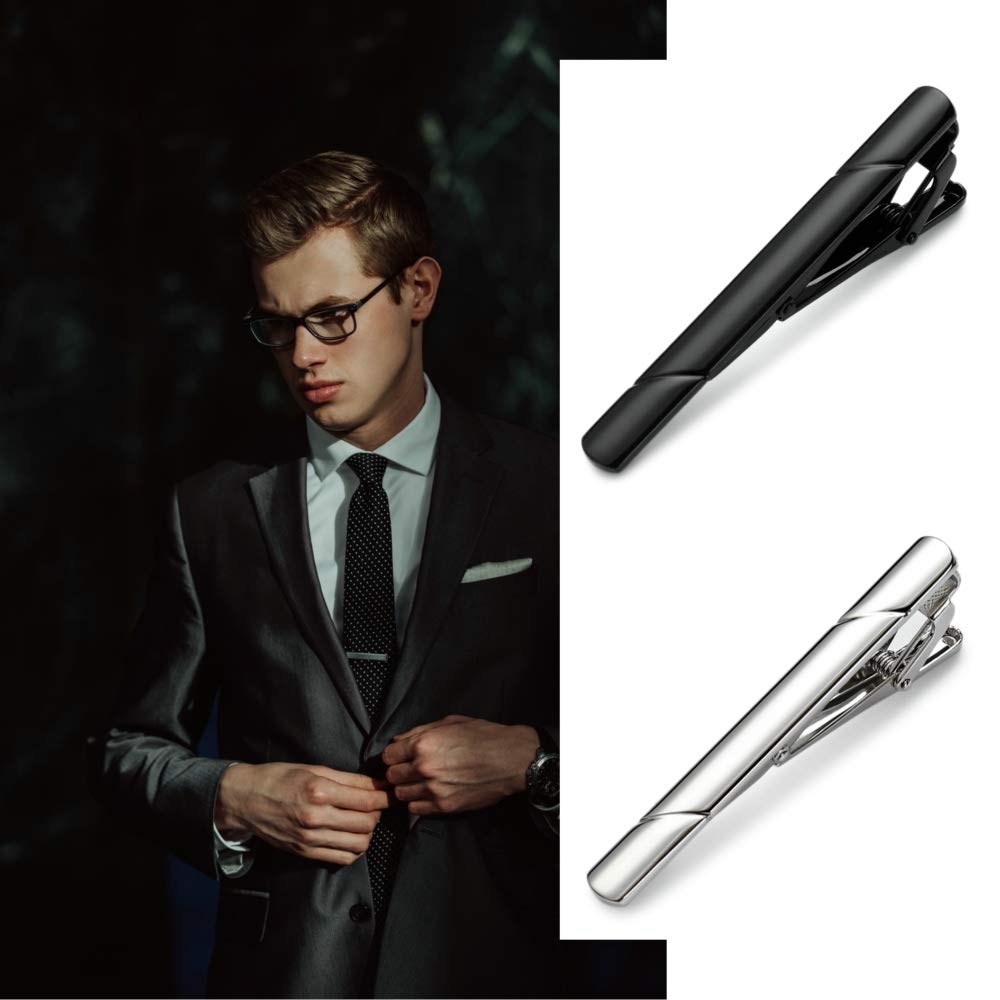 MOZETO Tie Clips for Men, Black Gold Blue Silver Tie Bar Set for Regular Ties, Luxury Box Gift Ideas