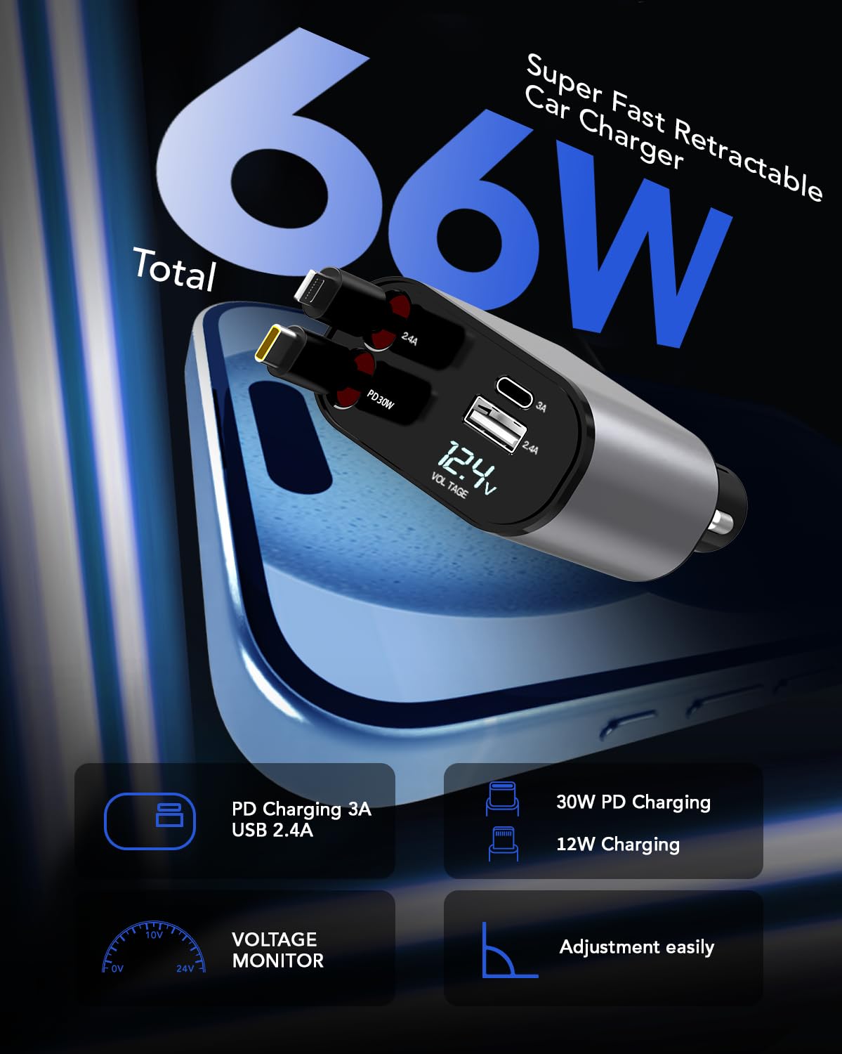 Retractable Car Charger, 4 in 1 Fast Car Phone Charger 66W, Retractable Cables and USB Car Charger,Compatible with iPhone 15/14/13/12/11,Galaxy,Pixel