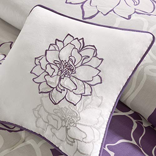 Madison Park Lola 100% Cotton Duvet Set Beautiful Floral Pattern, Ruffle Border Design All Season, Breathable Comforter Cover Bedding, Matching Shams, Full/Queen(90"x90"), Purple/Grey 6 Piece