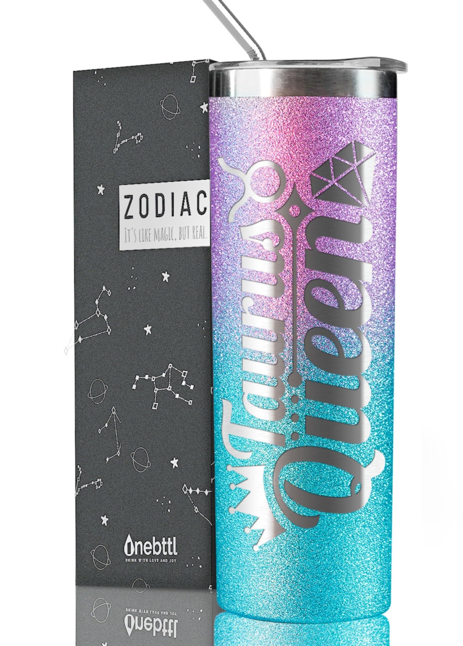 Onebttl Zodiac Gifts for Women, Best Friend Birthday Gifts for Her, 20oz Stainless Steel Tumbler, Engraved Logo Blue and Purple, Taurus