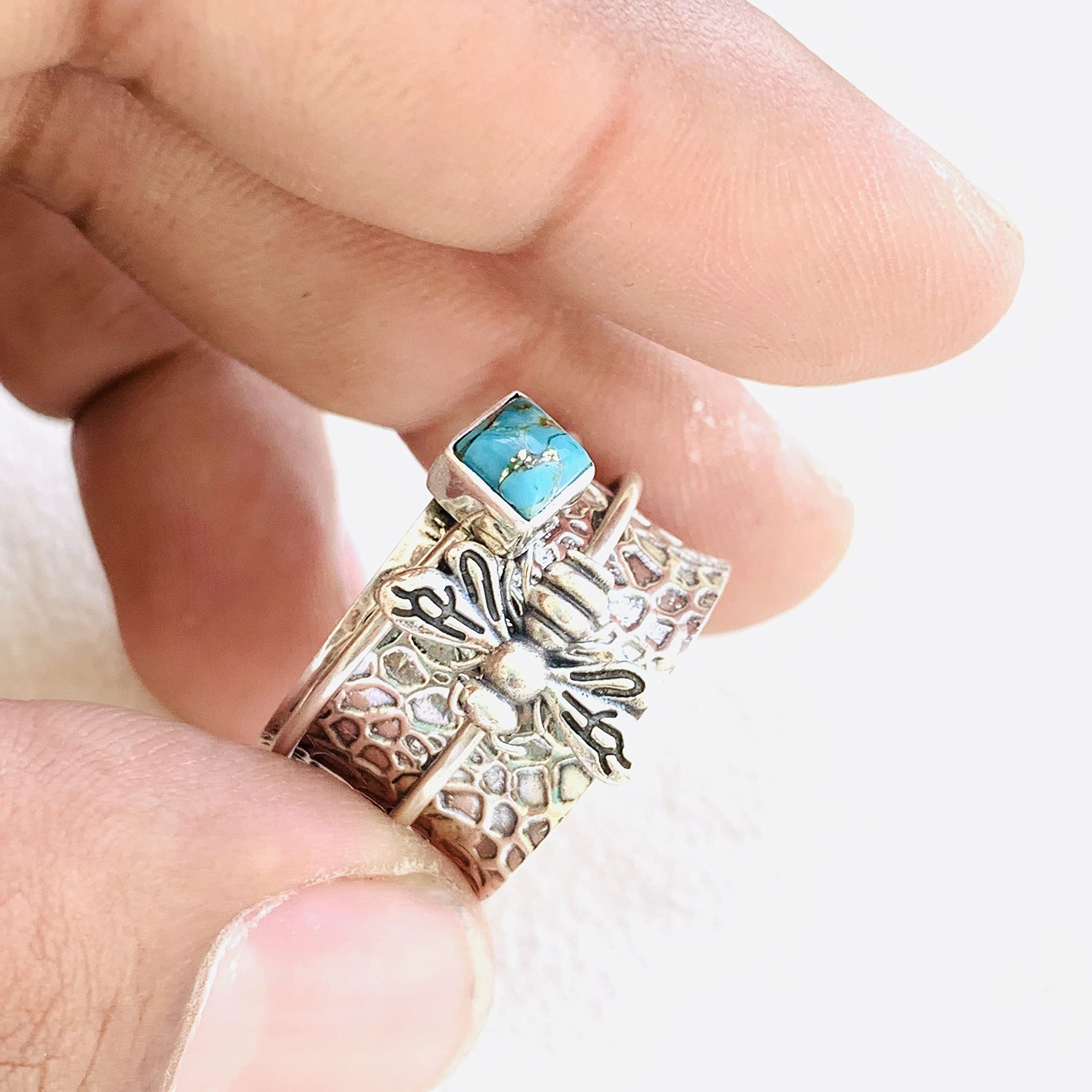 Very Rare Honey Bee Copper Turquoise Silver Spinner Ring | 925 Sterling Silver Stone Spinner Ring | Designer Hand Carved Silver Ring Gift (Ring Size-8)