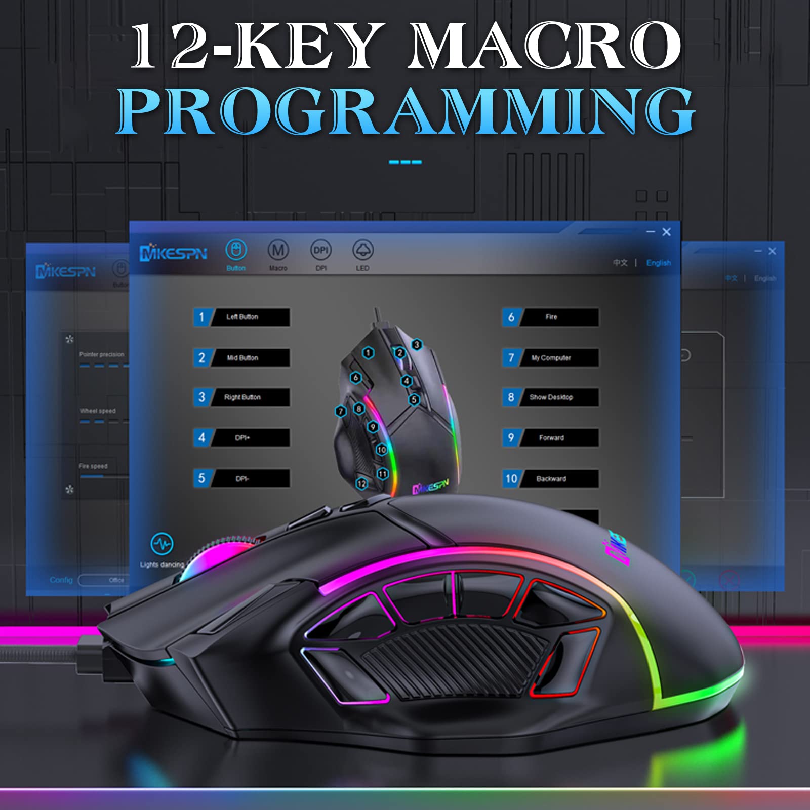 Scettar C44 programmable Wired Gaming Mouse with Side Buttons，6 DPI Level Adjustable、13kind of RGB Mouse ，12 Programmable Mouse Buttons，1000HZ Response Rate, Compatible with PC/Mac