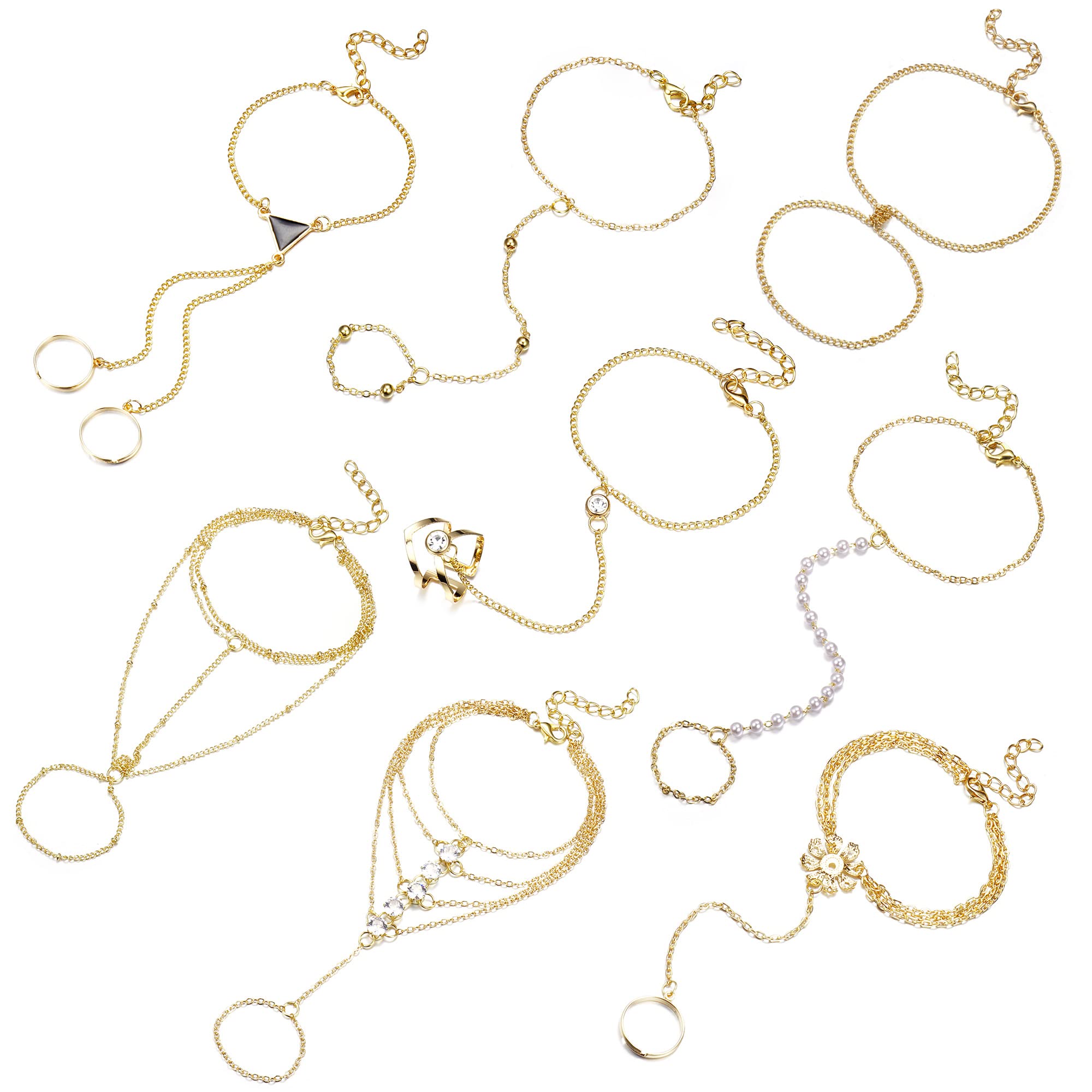 Sanfenly 8 Pieces Finger Ring Bracelets Hand Harness Chain Bracelet Gold Rhinestone Vintage Adjustable Slave Chain Ring Bracelet for Women Hand Jewelry