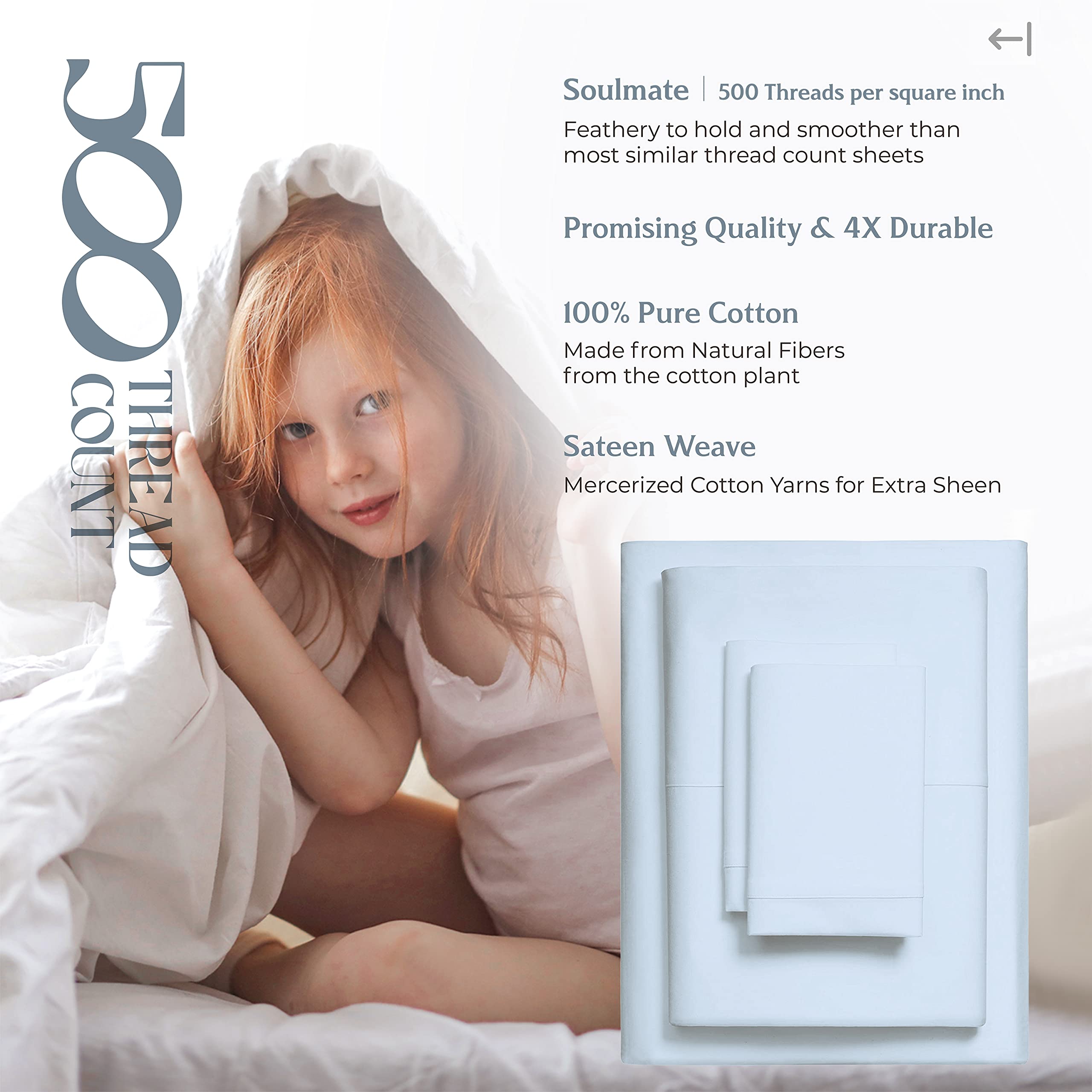Mayfair Linen 100% Cotton Sheets for Queen Size Bed - Luxury 500 Thread Count Queen Sheet Set, 4 PC Sateen Weave Queen Light Blue Cotton Sheets, Ultra Soft, Deep Pocket Cooling Sheets Queen Size