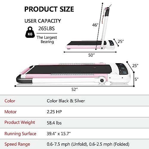 Murtisol 2 in 1 Folding Treadmill, 2.25HP Under Desk Electric Treadmill, Installation-Free with APP, Remote Control and LED Display, Portable Walking Machine for Home, Office & Gym,Pink & White