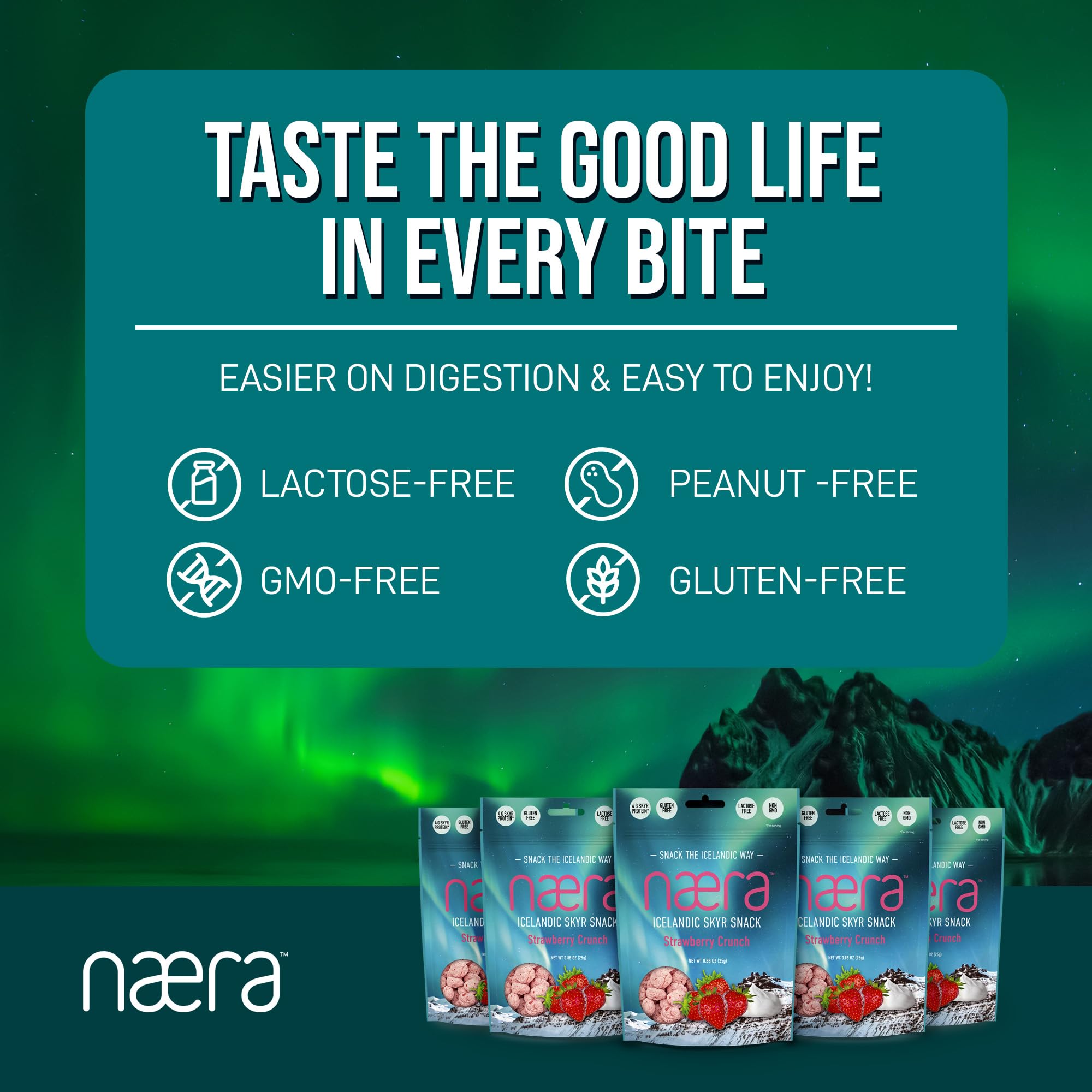 Næra Icelandic - 5-Pack Strawberry (Icelandic Skyr) Crunch Protein Snacks, GMO-Free, Gluten-Free Protein Snacks, Lactose-Free Individual Snacks, Snacks for Adults & Kids, (0.88 oz ea)