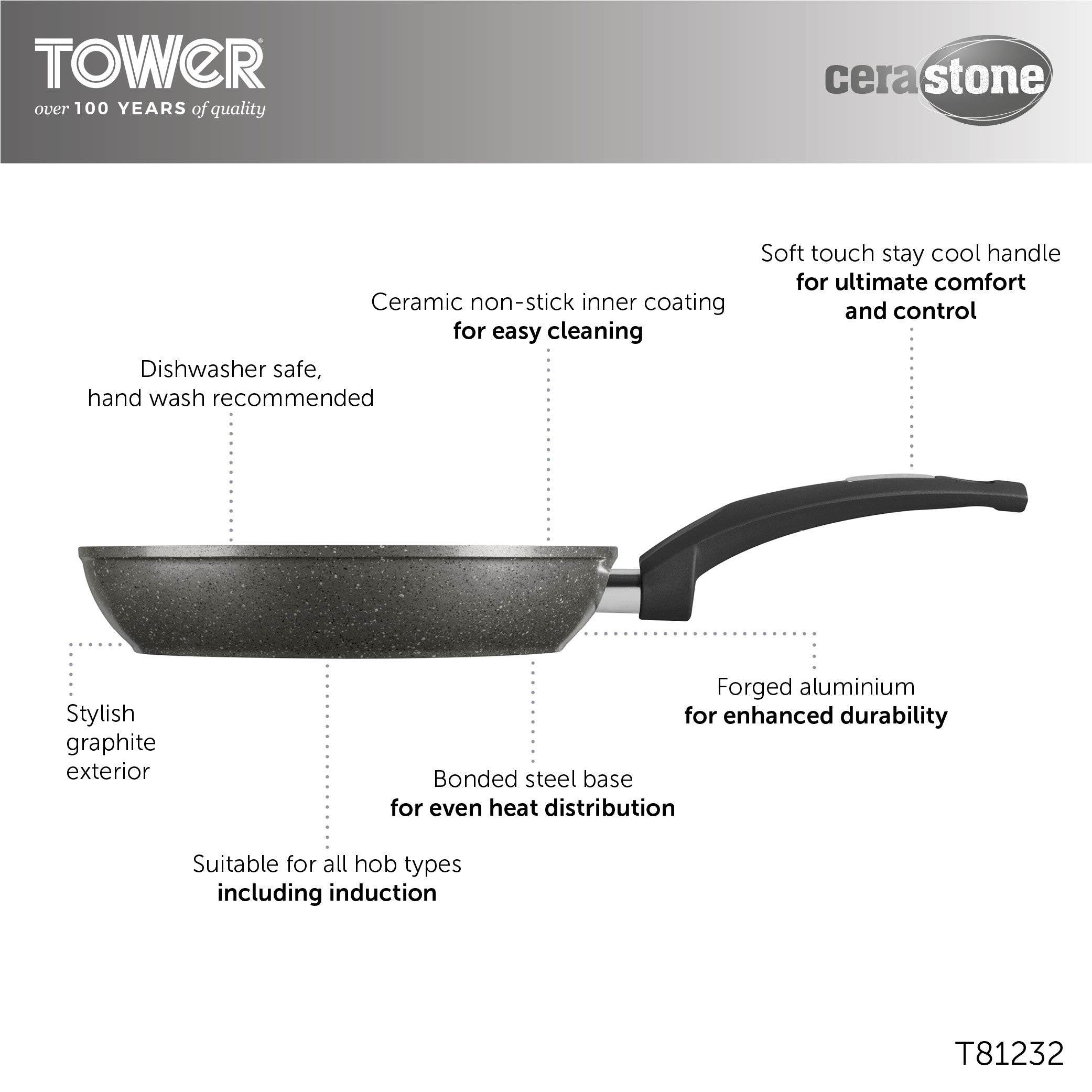 Tower Cerastone Forged Aluminium Frying Pan with Easy Clean Non-Stick Ceramic Coating, 32 cm, Graphite