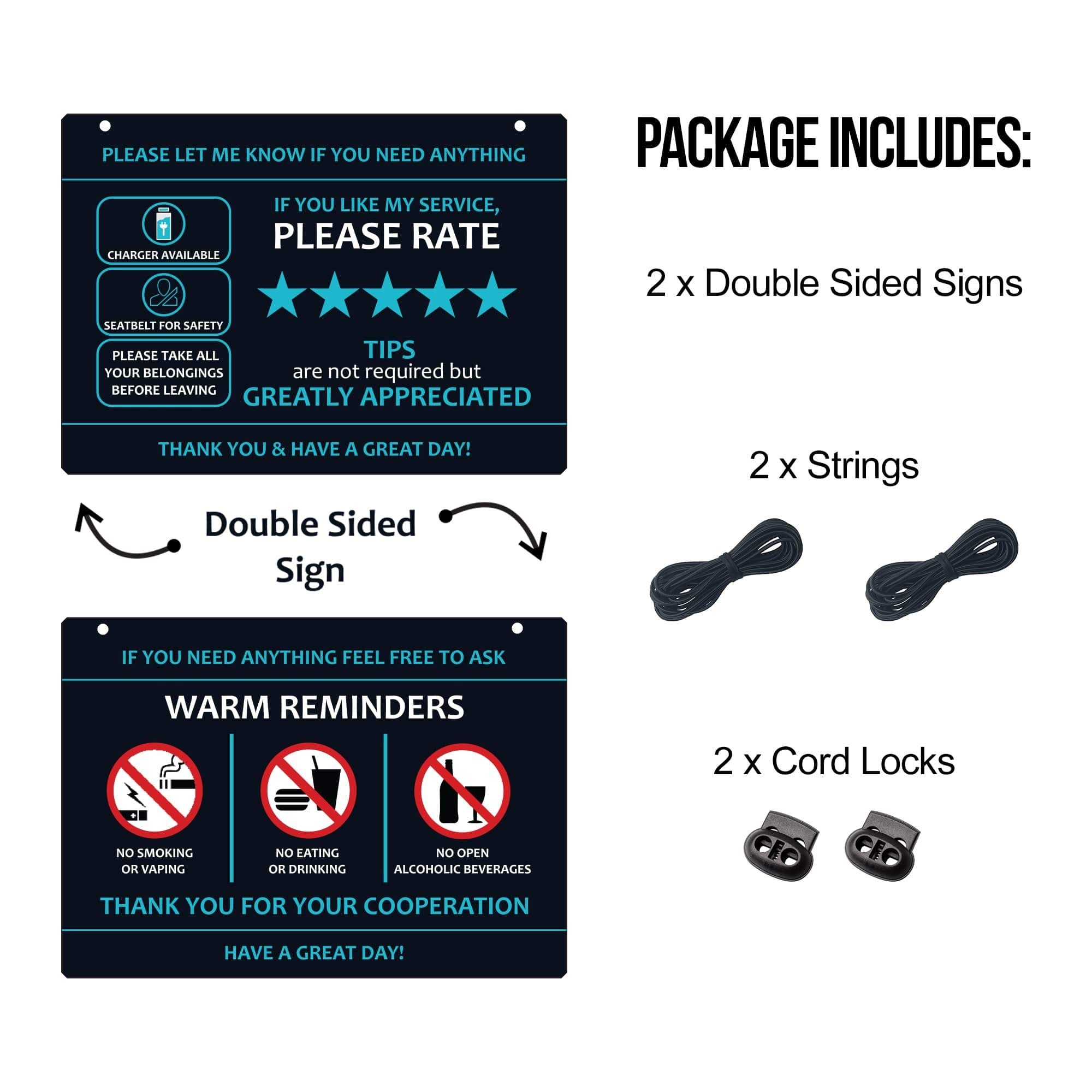 Nebudo Compatible with Lyft Uber (2-Pack) Tips Rating Appreciated Rideshare Accessories β 7β x 5β β Interior Acrylic Headrest Sign - Rate Me Tip No Smoking for 5 Star Rides for Ride-Share Drivers