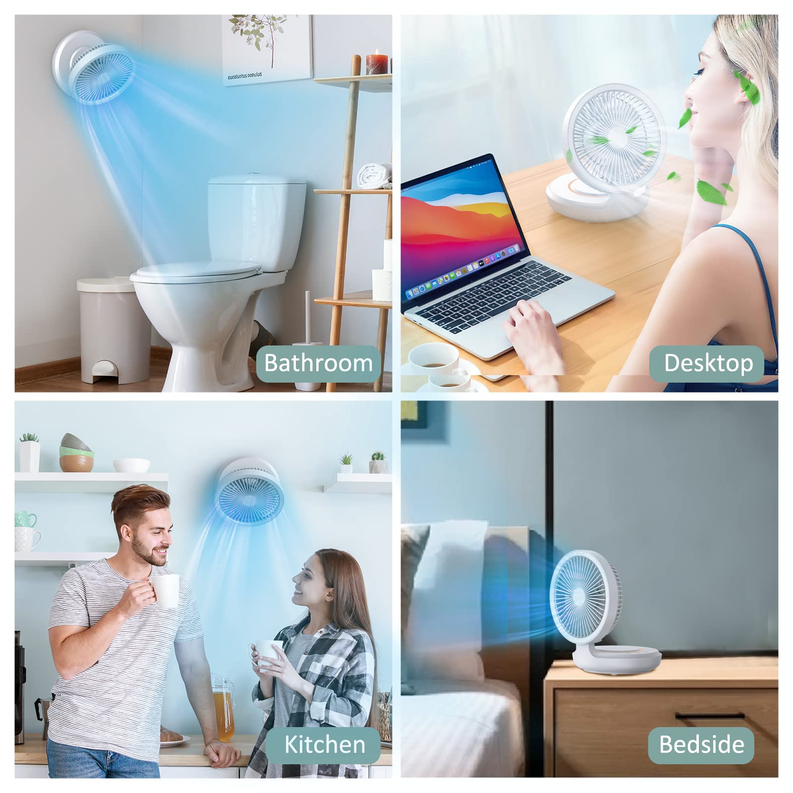 shinic Ultra Quiet Table Fan Battery Operated, 4 Speeds, Auto Oscillation, Foldable Fan for Travel, Small Wall Fan for Bedroom Home Kitchen Desktop Office, USB Rechargeable, Grey, Medium, TP2106-WH