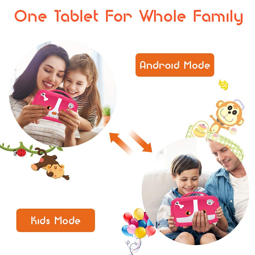 Padgene Kids Tablet 7 Inch,Android 9.0 Parental Control Kids Mode Pre-Installed WiFi Tablet Learning Games Camera IPS HD Display 1 GB+16GB with Kid-Proof Case (7 Inch, Pink)