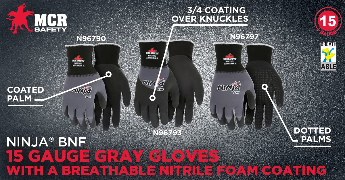 MCR Safety Gloves N96793L Ninja BNF Work Gloves 15 Gauge Nylon/Spandex Shell with NFT Coated Over the Knuckle Palm, Large,Black