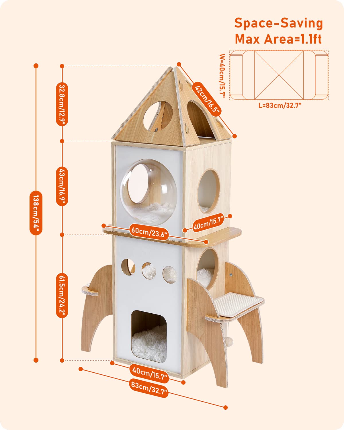 PEQULTI 54 Inches Rocket Multi-Level Cat Tree Spaceship Modern Cat Tower with 3 Spacious Condos, 2 Fuzzy Replaceable Dangling Balls, Attic Perch and Detachable Mats