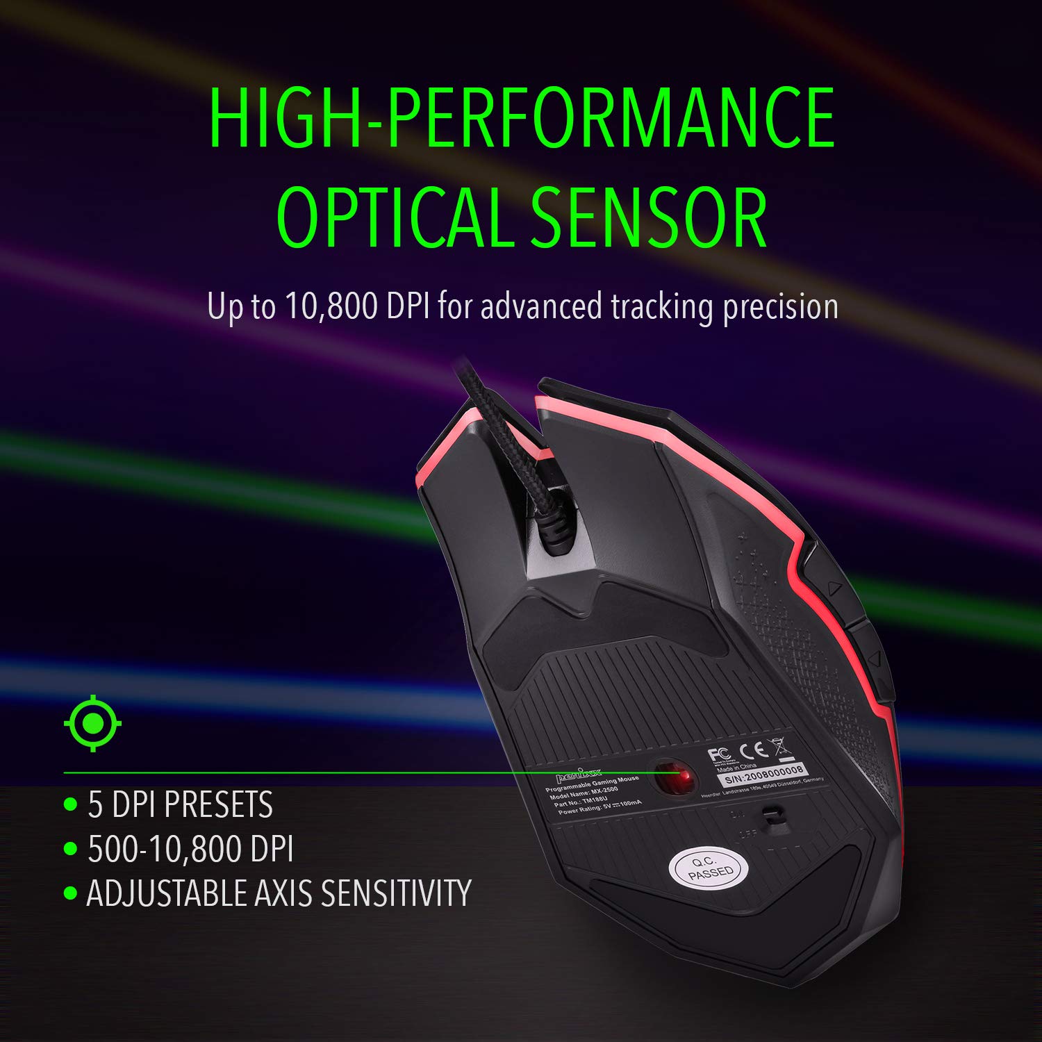 Perixx MX-2500B Wired Gaming Mouse, 5 Adjustable DPI Presets 500-10,800, RGB Lighting, 7 Programmable Buttons, Omron Switches, Ergonomic Design for PC Computer Gaming, Black (11724)