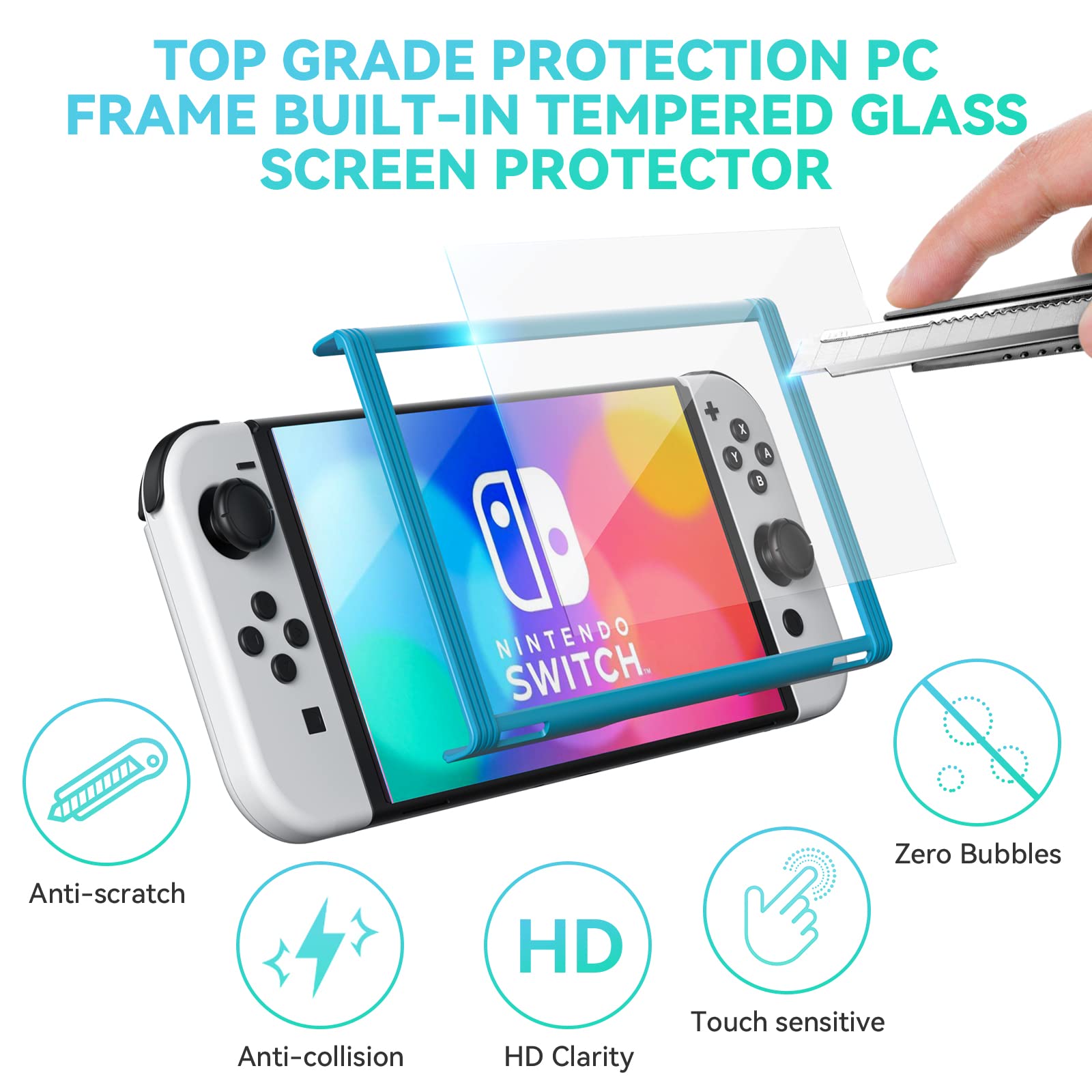 Sibese Protective Case for Nintendo Switch OLED with Tempered Glass Screen Protector, Front Cover Compatible with Switch OLED (2021)(Blue)