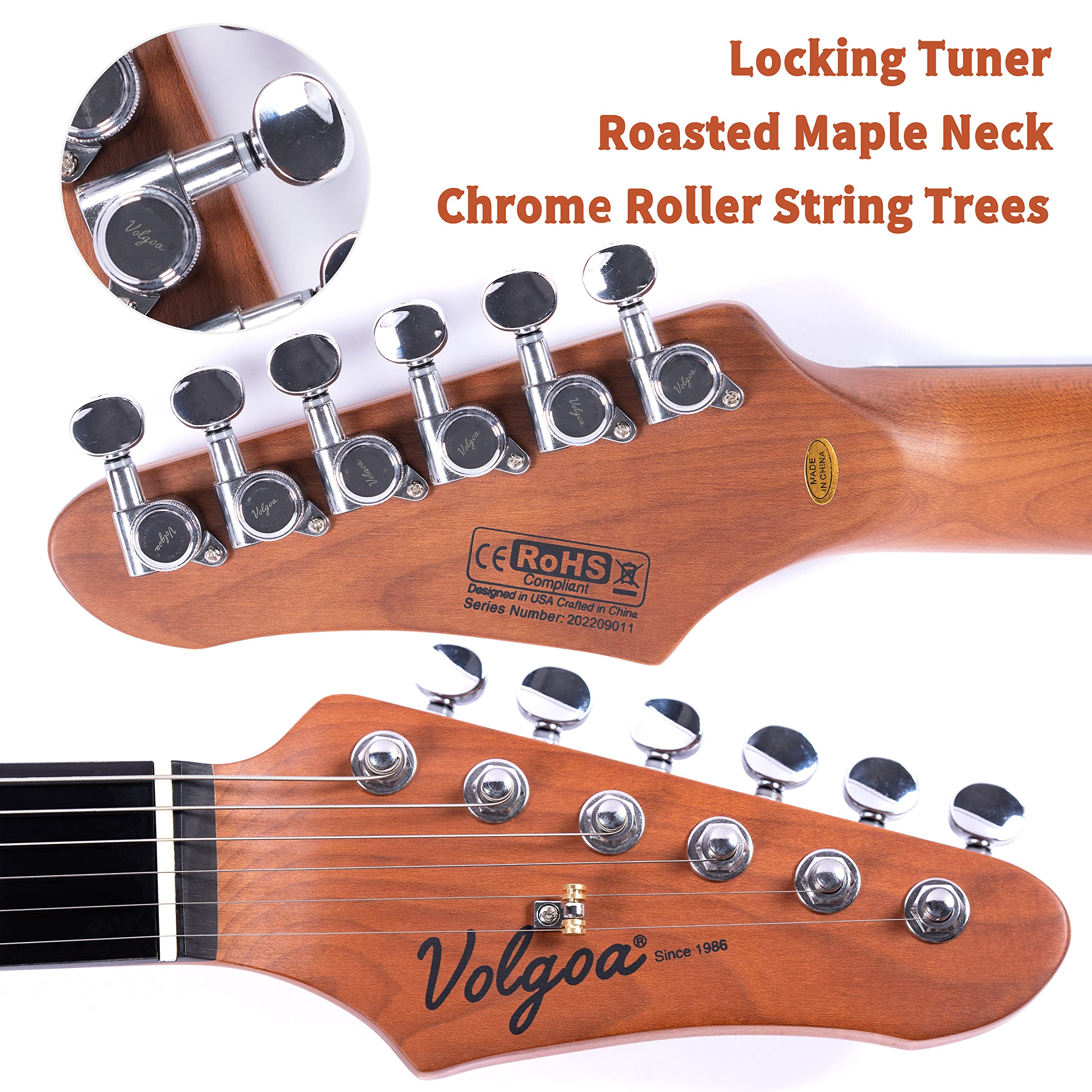 Volgoa VTL-2 Solid Body 6 String Electric Guitar, Roasted Maple Neck, Mahogany Body, Matte Burl Figure Veneer, and Coil Splitting Pickup (Blue)